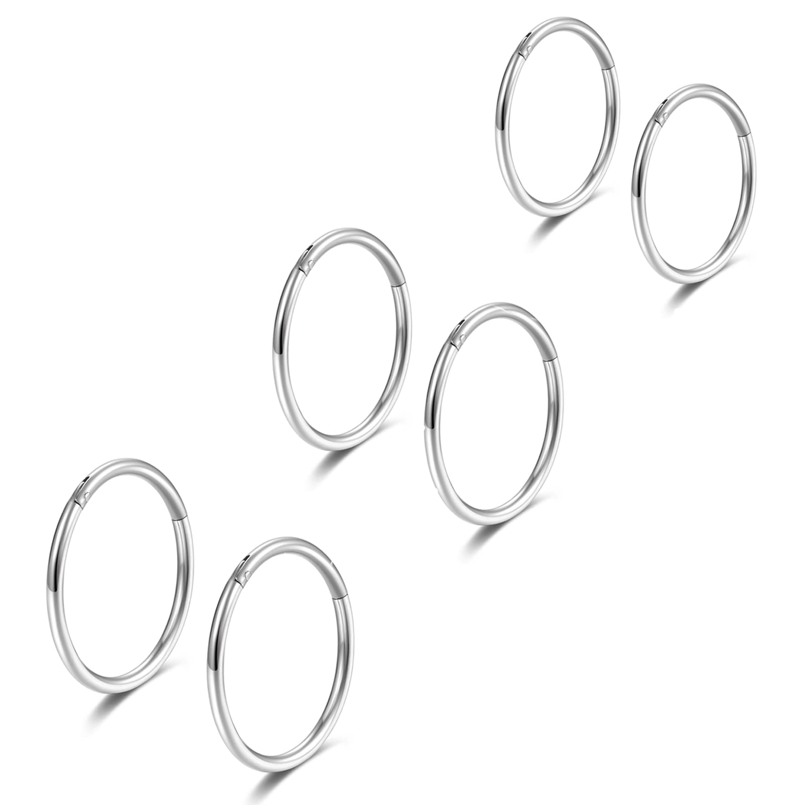 6Pcs 20g Nose Rings for Women Men 316L Surgical Steel Hinged Earring Hoops Rook Helix Cartilage Daith Tragus Earrings 6 mm 8mm 10mm Set