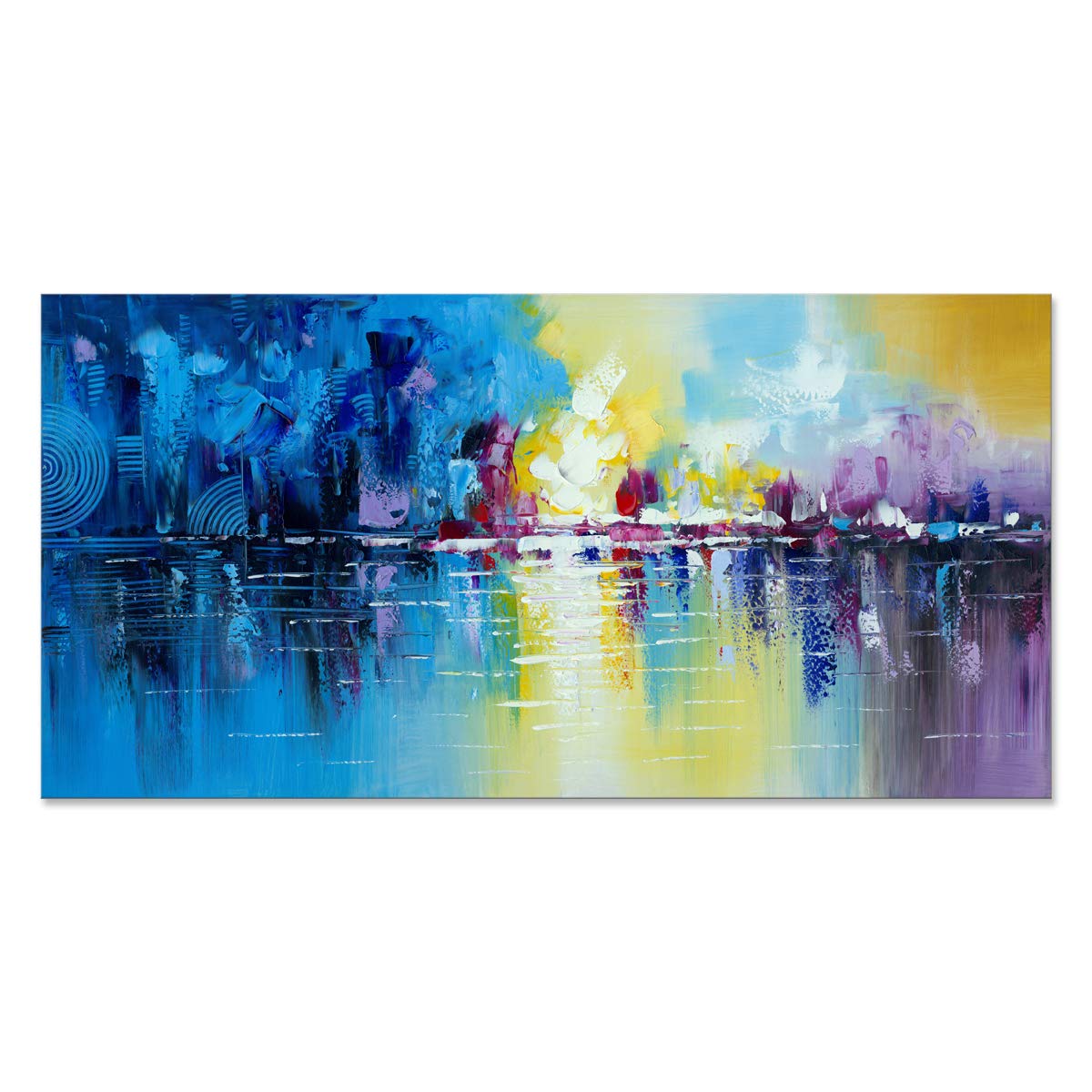 Abstract Cityscape Wall Art Handmade Blue Modern City Building Reflection Oil Paintings on Canvas