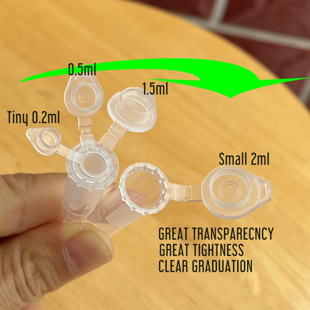 LAMPPE 4 Size 0.2ml 0.5ml 1.5ml 2ml Microcentrifuge Tube Graduated Holder Vial Tiny Container with Snap Cap, Clear EP Tube for Tiny Seeds Scre Storage Sample Tube (100 in Total)