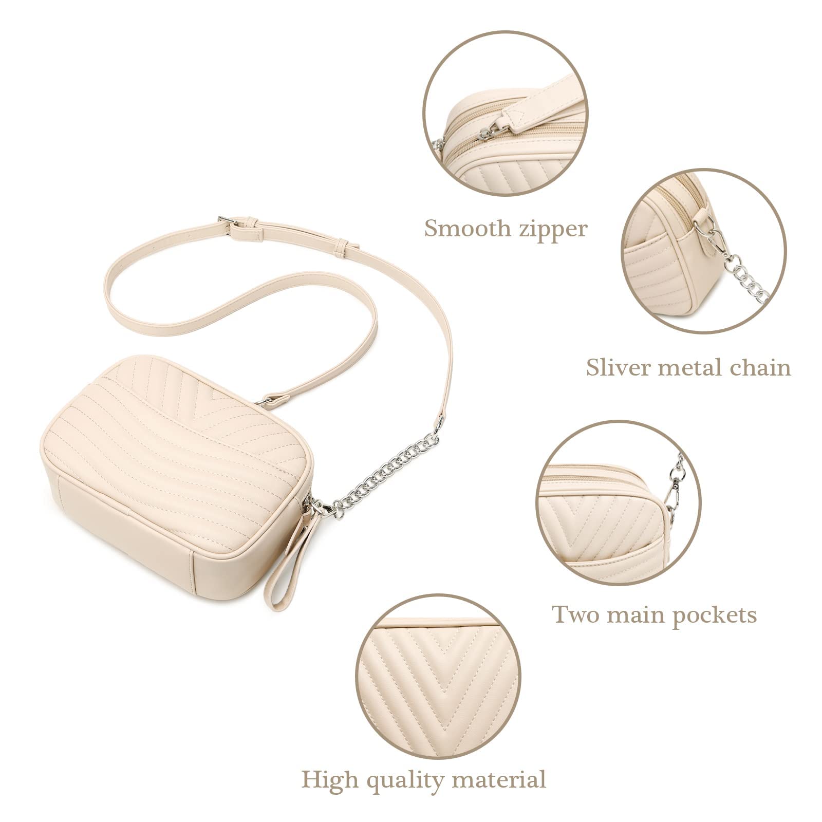 Crossbody Bags For Women, Small Quilted Purses Lightweight Camera Bag Stylish Double Zipper Shoulder Purse And Handbags Beige