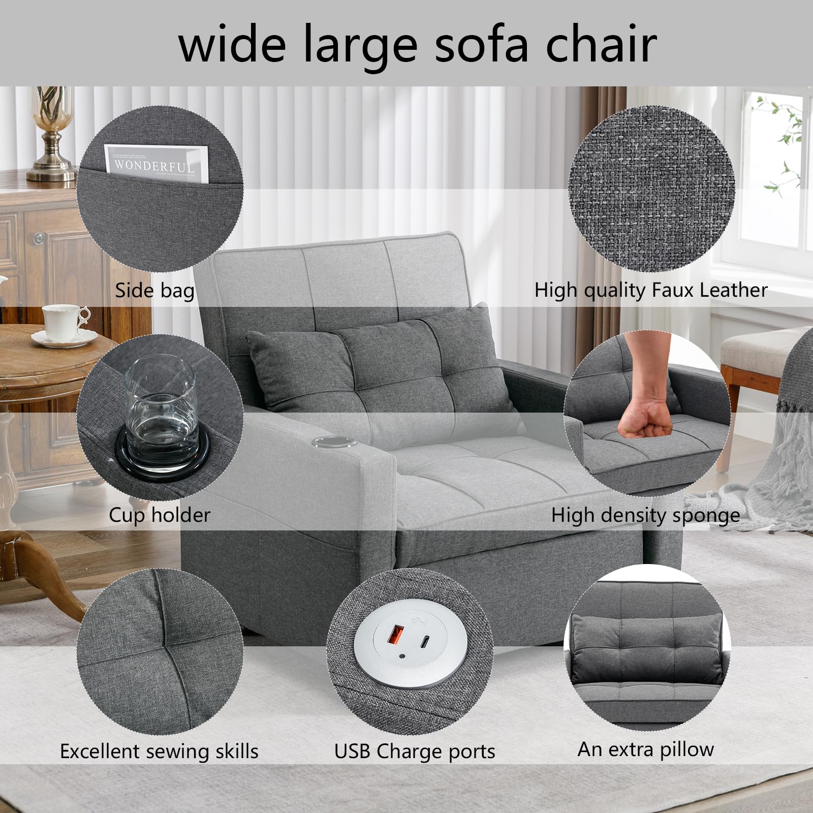 Purgreen Linen Sofa Futon Chair, Convertible 3-in-1 Pull Out Sleeper Chair Bed with USB Ports and Complimentary Pillow - Elegance, Comfort and Versatility in One, Grey