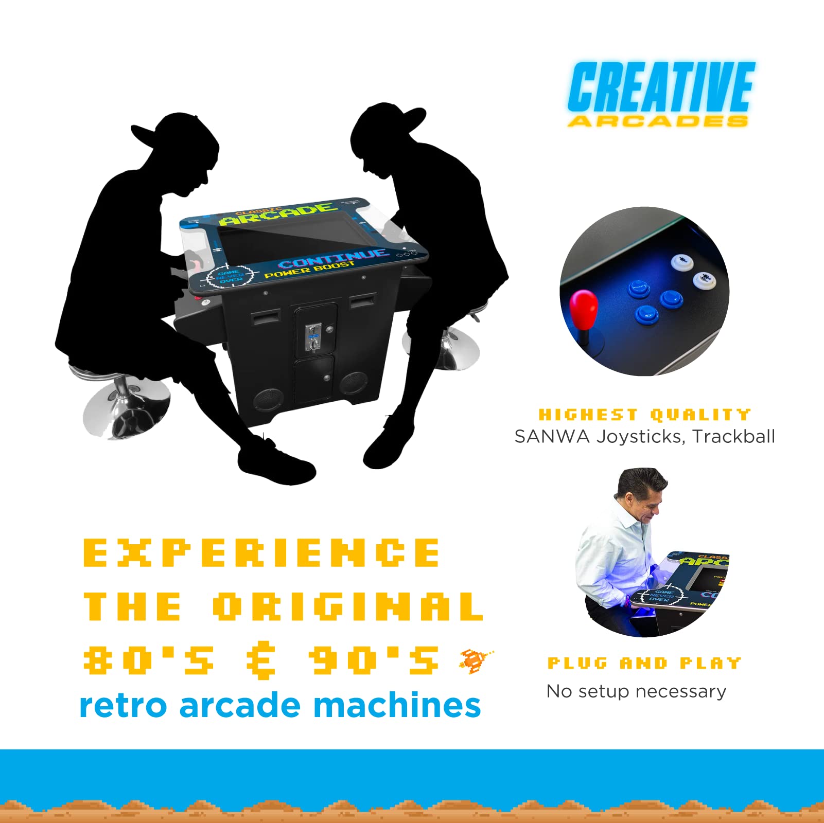 Creative Arcades Full Size Commercial Grade Cocktail Arcade Machine | 2 Player | 412 Games | 22" LCD Screen | Square Glass Top | LED | 2 Sanwa Joysticks | Trackball | 2 Stools | 3 Year Warranty