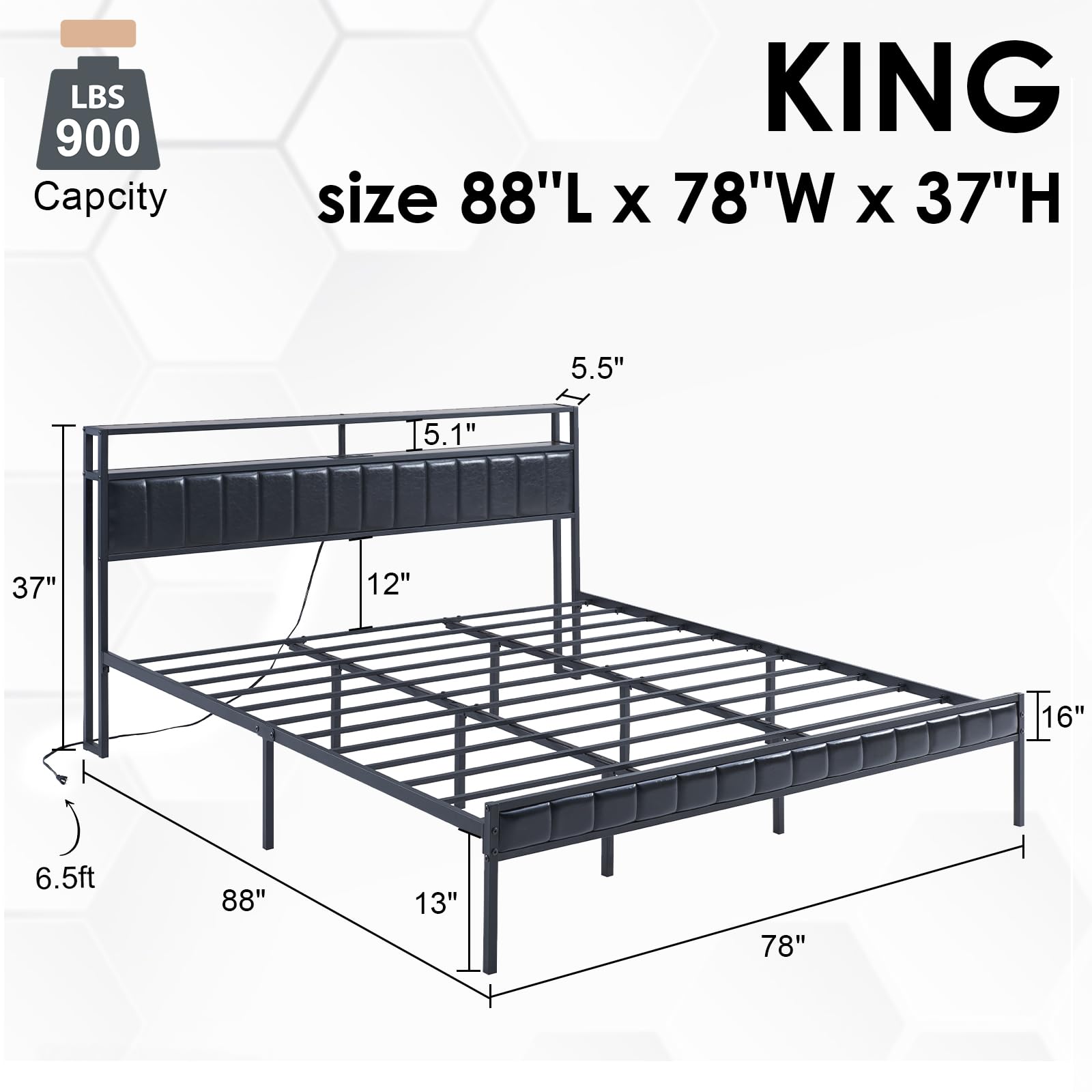 AMERLIFE King Size Platform Bed Frame, LED Bed Frame with PU Leather & Charging Station, 2-Tier Storage Headboard/No Box Spring Needed/Noise Free, Black