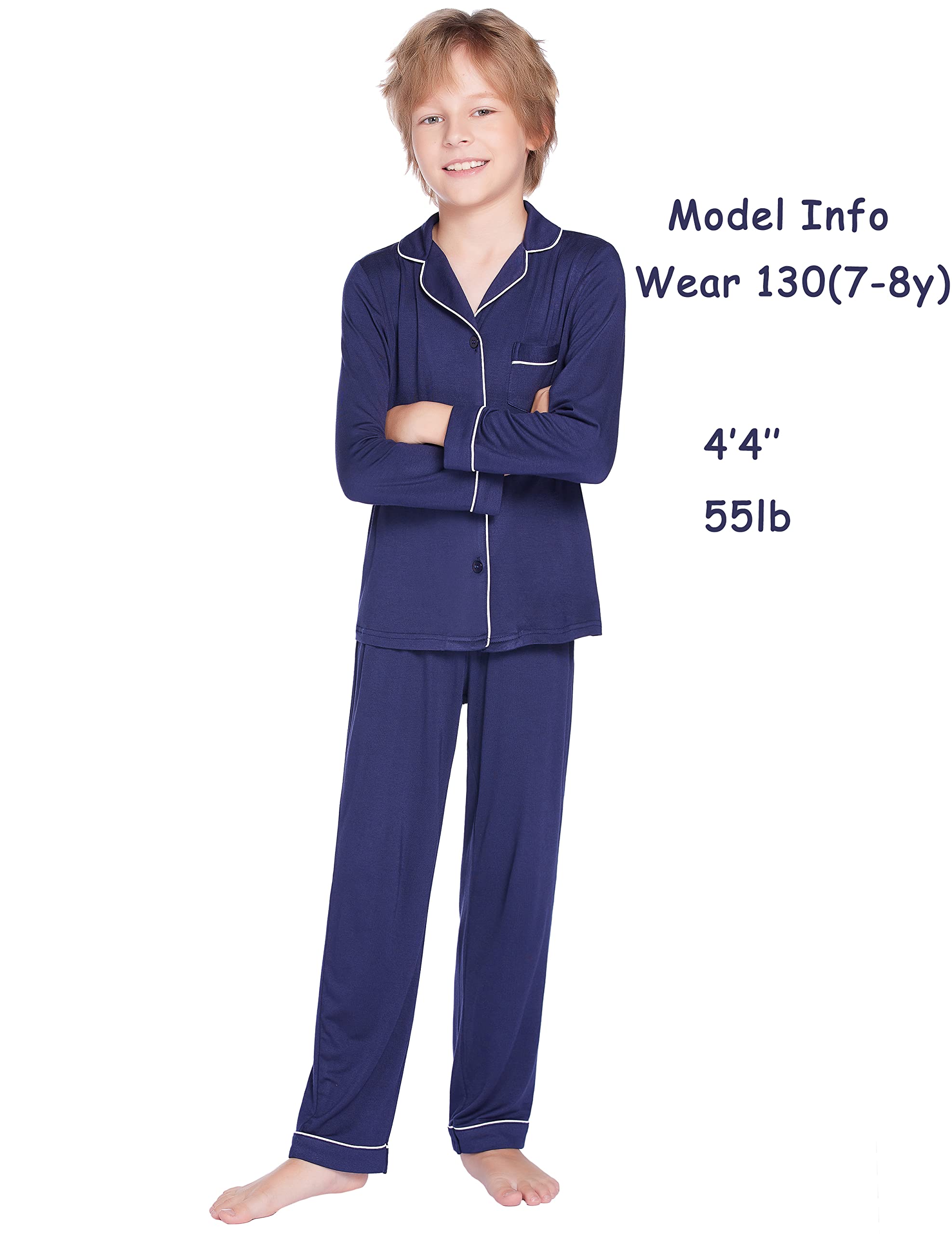 luxilooks Big Boys Cotton Button-Front Pajamas Sets 2 Piece Sleepwear Long Pj Set Casual Lougewear Soft Nightwear(Navy Blue,7-8Y)