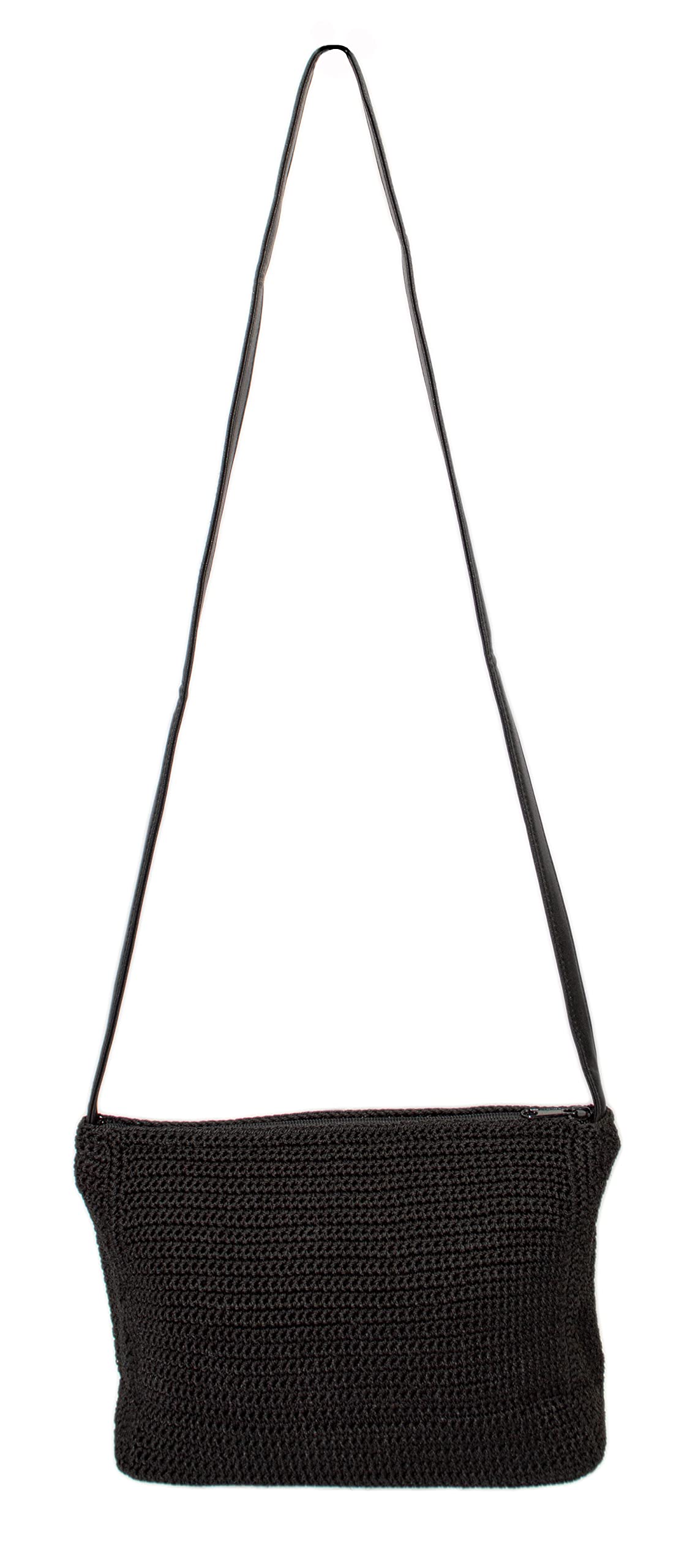 Classic Chic Black Crochet Crossbody Bag Zip Closure Boho Style Handbag Purse Faux Leather Strap