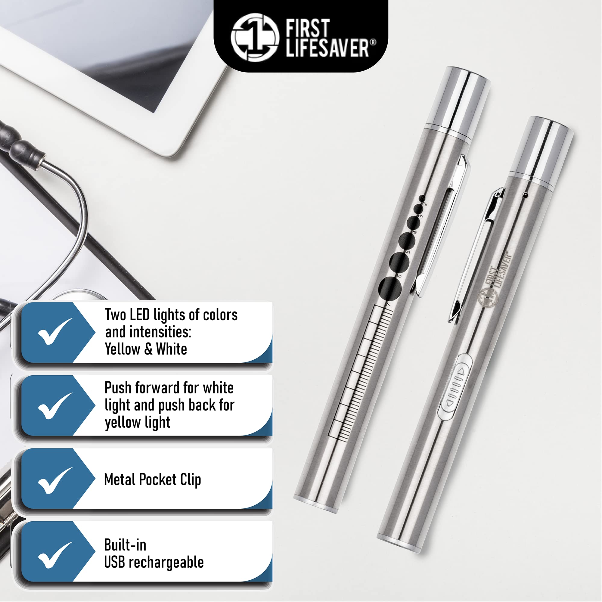 First Lifesaver Dual Beam LED Penlight for Nurses, Doctors, and Medical Professionals, Check Pupil Response, Ear, Nose, and Throat, Slim USB Rechargeable Flashlight (2 Sliver)