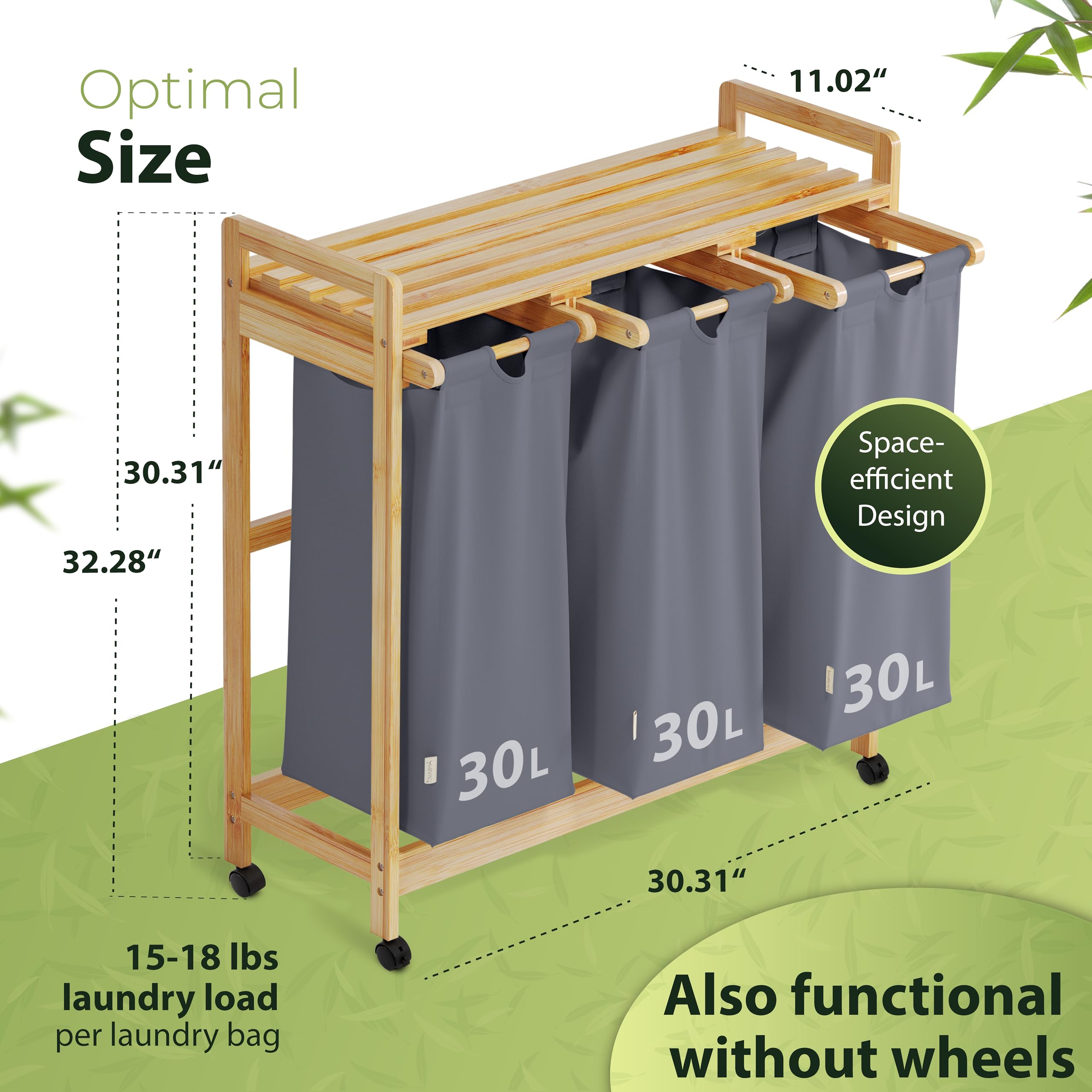 AMBIAVO Laundry Hamper 3 Section bluegrey - Large Bamboo Laundry Sorter with Removable Cotton Bags -Three Compartment Organizer for Clothes - Eco-Friendly and Stylish Storage Solution for Home
