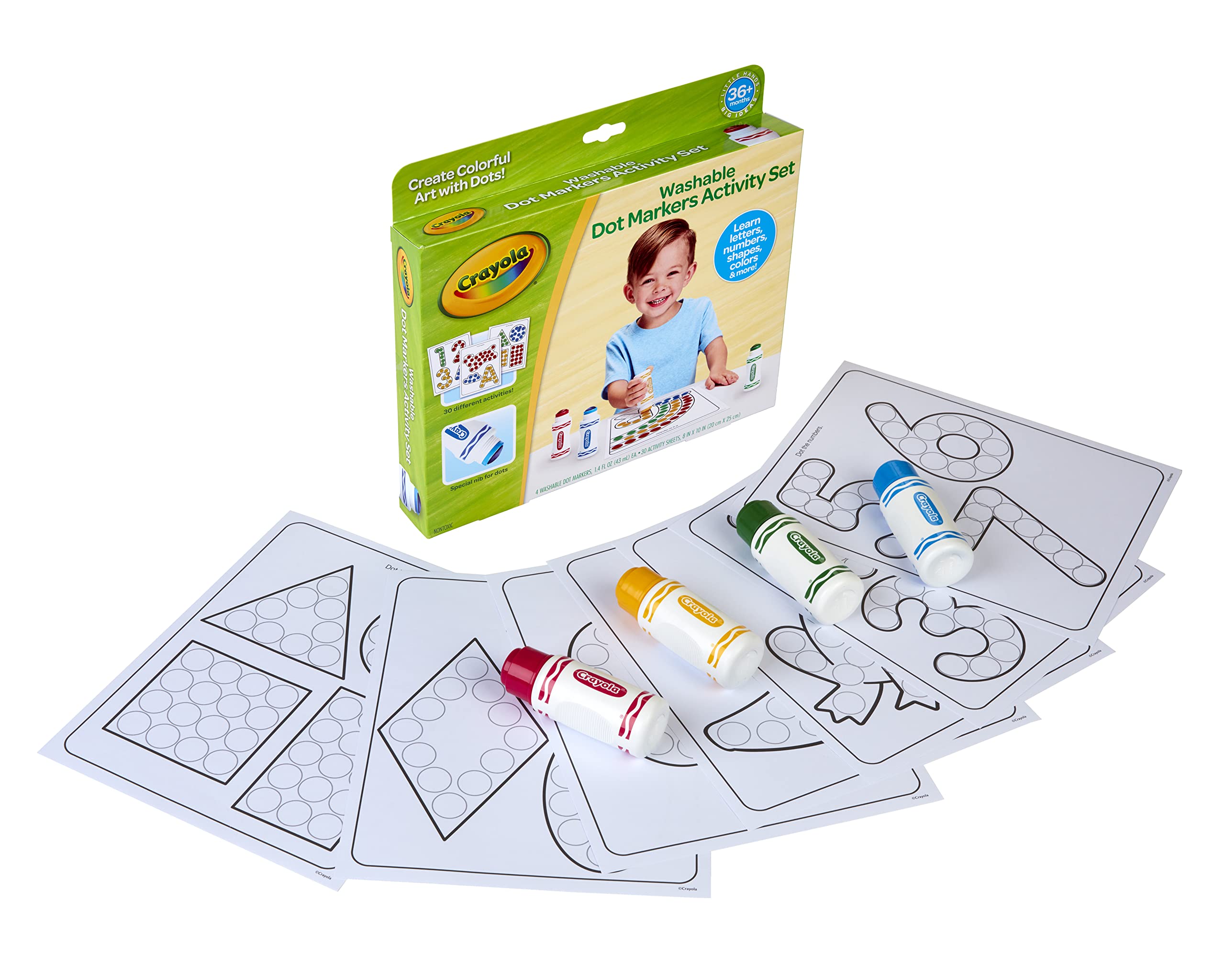 Crayola Washable Dot Markers Activity Set, 30 Toddler Coloring Pages & 4 Washable Markers, Dot Paints for Toddlers, Toddler Gifts, Ages 3+