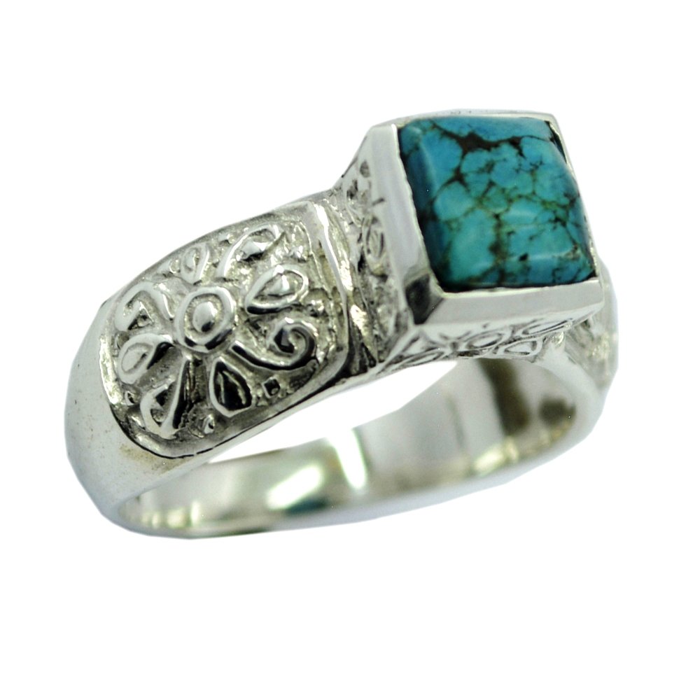 55Carat Genuine Turquoise Vintage Ring Silver Square Cut Handmade Astrological Size 5,6,7,8,9,10,11,12