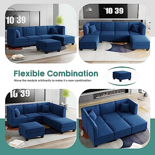 Shintenchi Reversible Modular Sectional Sofa Set, Convertible Oversized U Shaped Sofa Couch with Ottomans, Velvet Sleeper Couch with Chaise L Shaped Couches for Living Room Navy Blue