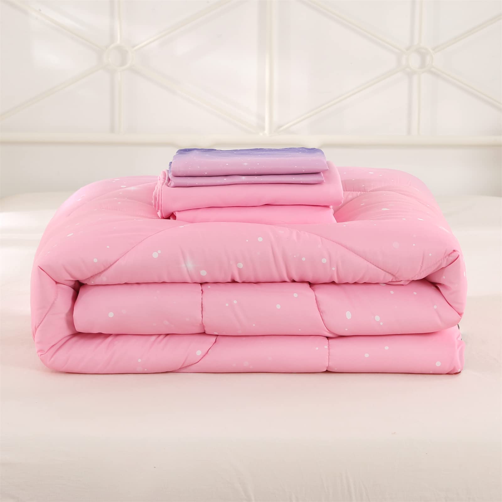 Wowelife Glitter Teen Bedding Sets for Girls Gradient Full Size 5 Pieces Comforter Set Pink Purple Kids Comforter Sets Lightweight with Comforter, Flat Sheet, Fitted Sheet and 2 Pillowcases