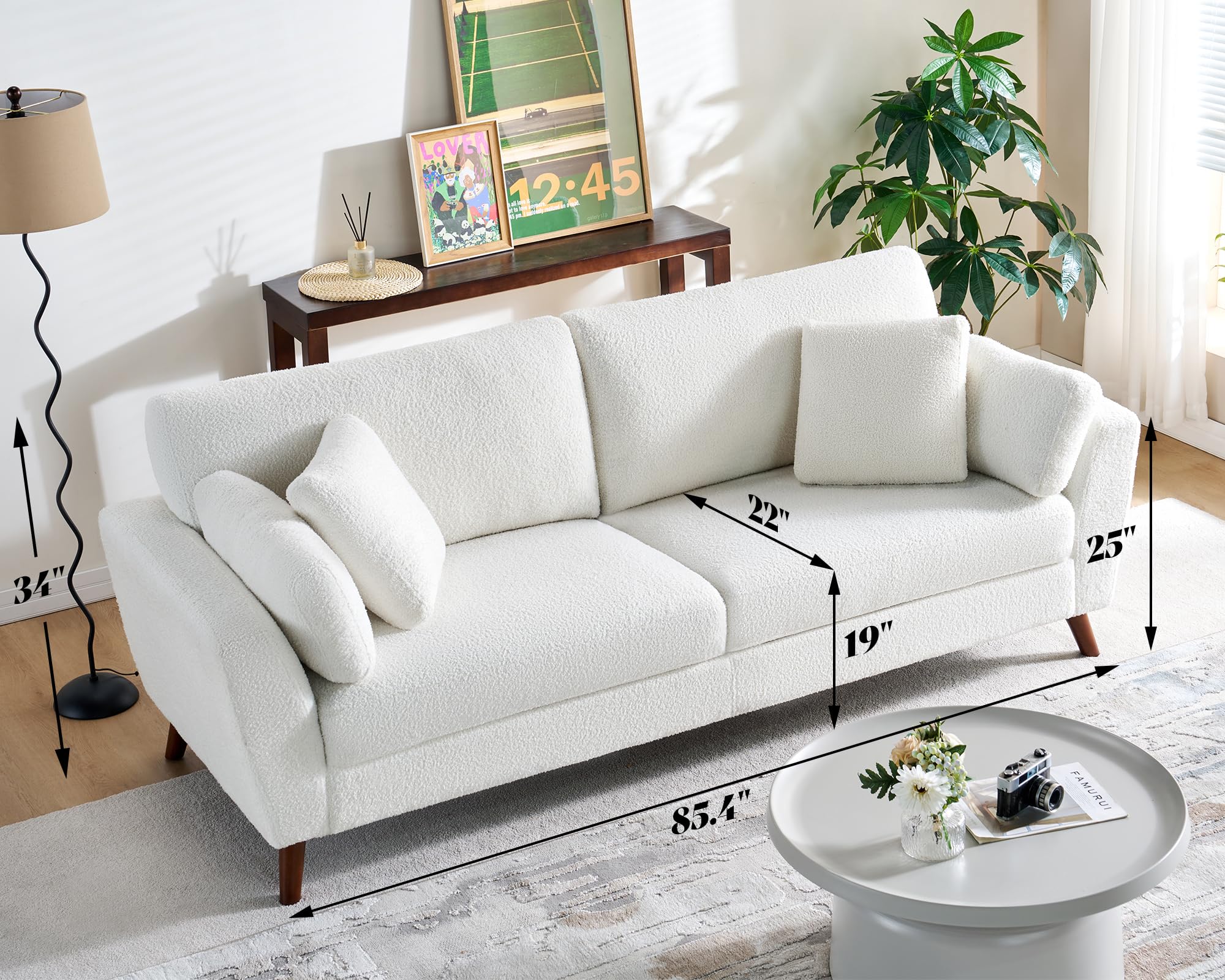 AMERLIFE Modern Sofa, 86 inch White Couch with 4 Throw Pillows, 3-Seater Sofa Couch for Living Room, Offwhite Boucle Upholstered Sofa