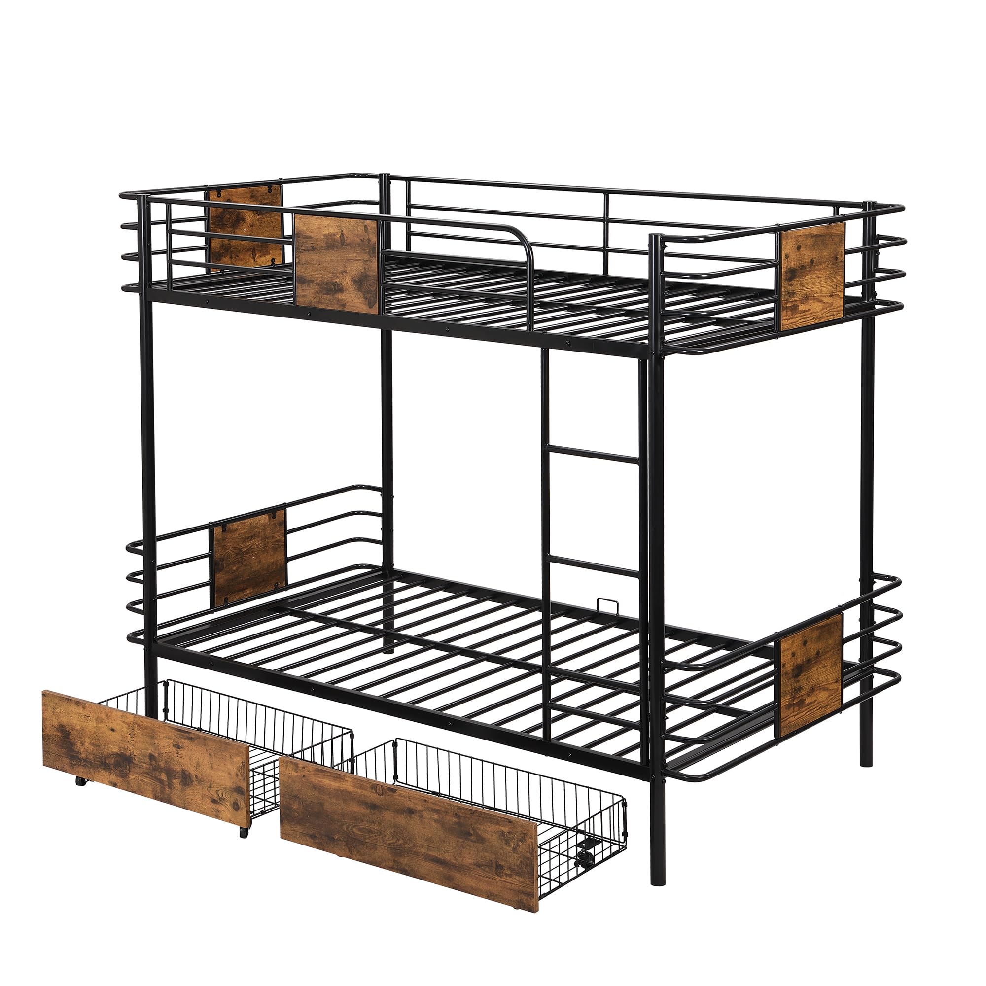 Bunk Bed Twin XL Over Twin XL, Metal Bunk Bed with Storage Drawers and MDF Board Guardrail, Modern Industrial Bunk Bed for Kids Boys Girls Teens, Black
