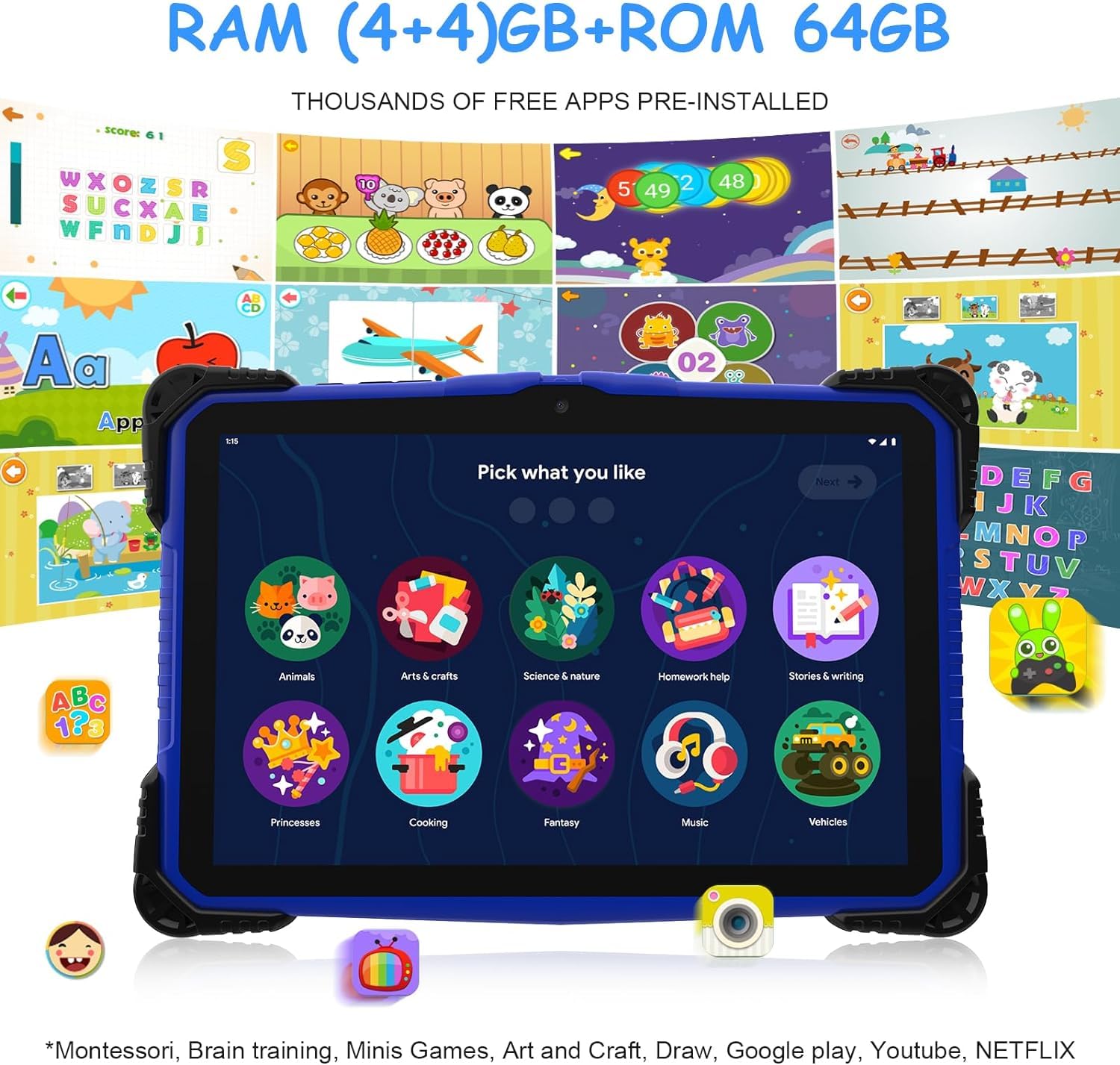 Android 13 Kids Tablet 10 inch Tablet for Kids, 8GB RAM 64GB ROM Toddler Tablets, 8MP Dual Camera, Educational Games Parental Control, Tablet with Kids Software Pre-Installed Kid-Proof YouTube Netflix