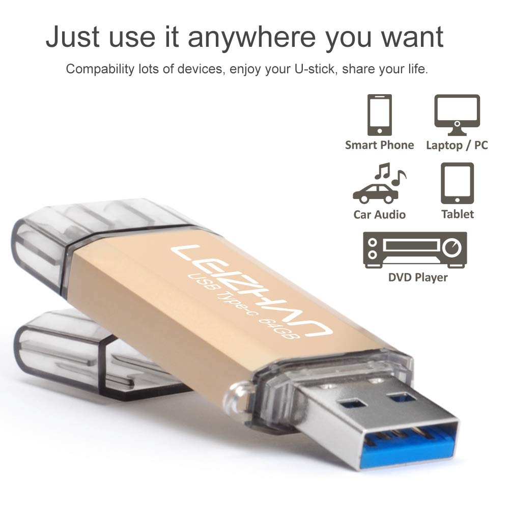 leizhan USB C Thumb Drive 64GB, Type C USB Memory Stick for Samsung Galaxy S10,S9, Note 9, S8, S8 Plus,Google Pixel XL, with USB OTG Adapter Micro and Type-C USB to USB Converter