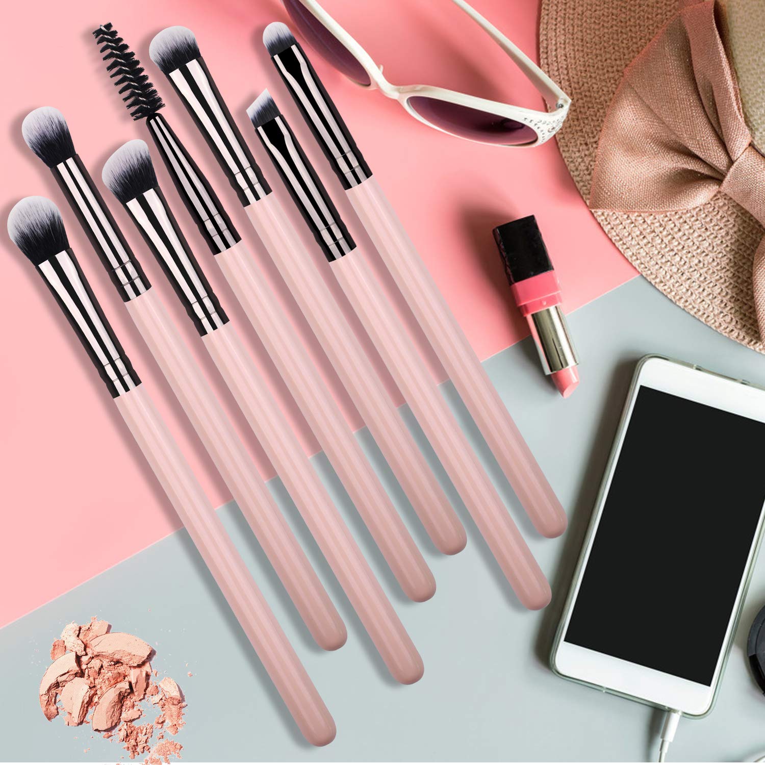 7pcs Eye Makeup Brushes Essential Pink Eyeshadow Makeup Brush Set for Eyes Blending Crease Shader Detailer Definer Eyelash Brush Make Up Brush Kit