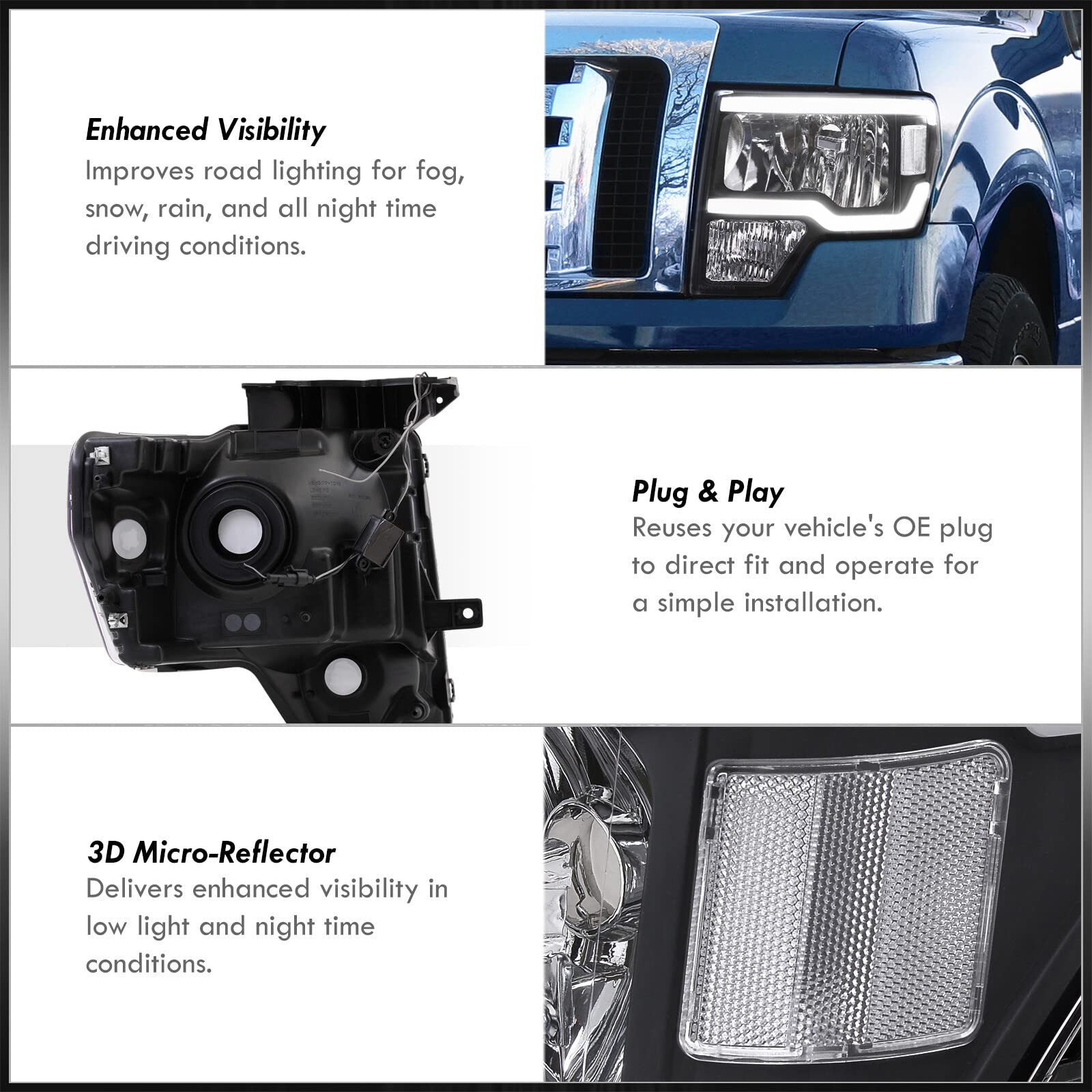 AJP Distributors LED DRL Tube Bar Driving Head Lights Lamps Halogen Bumper Signal Housing Assembly Pair Left+Right Compatible/Replacement For F-150 F150 2009 2010 2011 2012 2013 2014 09 10 11 12 13 14