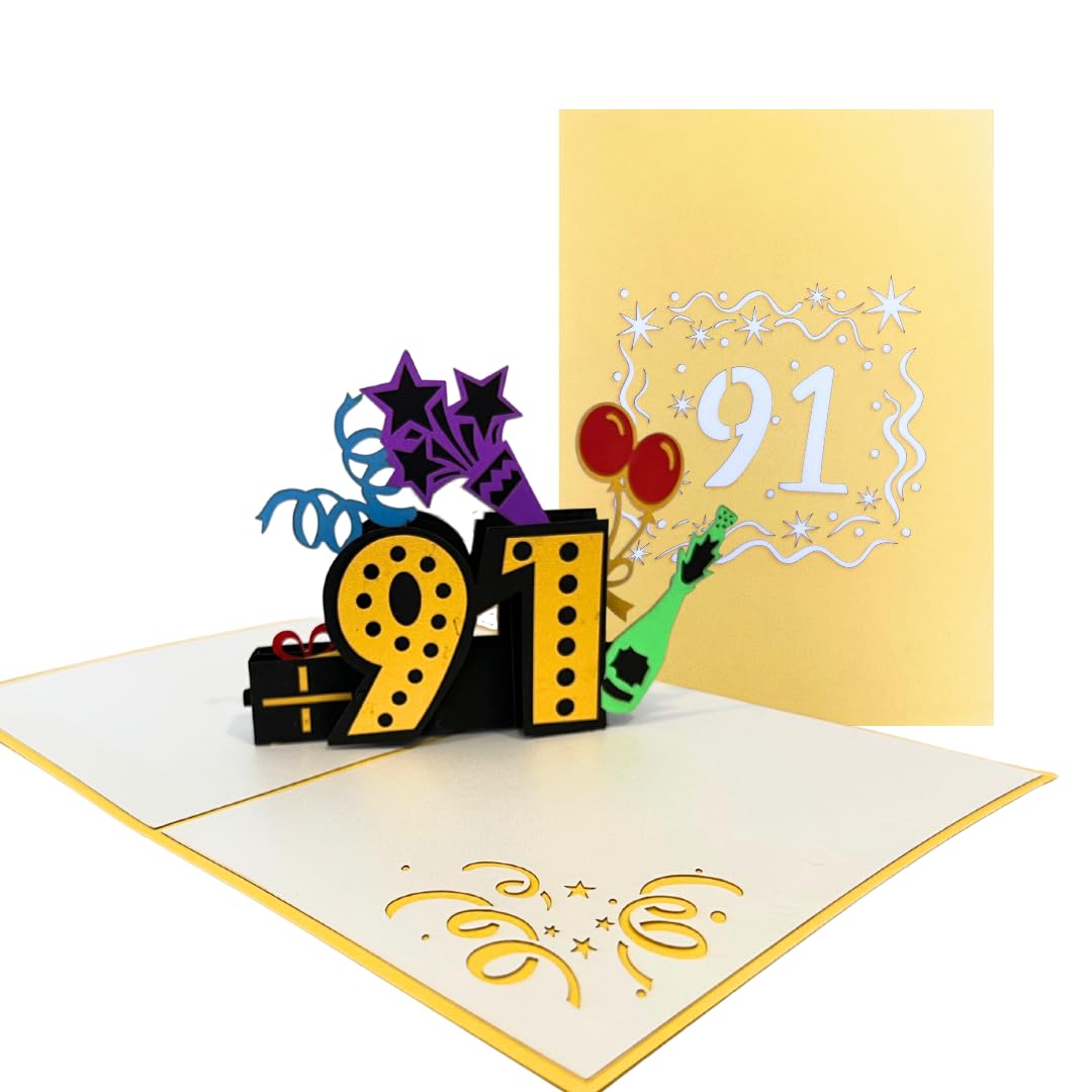 ALPHAK Happy 91st Birthday 3D Pop Up Card, Birthday 3D Greeting Card, 91st Birthday Gifts
