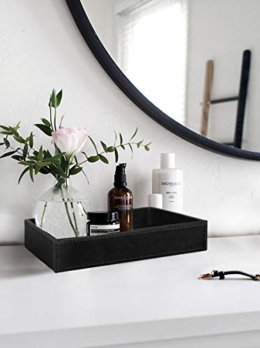 HofferRuffer Faux Leather Vanity Tray, Elegant Desktop Storage Organizer, Decorative Catchall Perfume Tray, Bathroom Valet Tray, Nightstand or Dresser Organizer, Black, 10.2 x 8.4 x 1.8 inches
