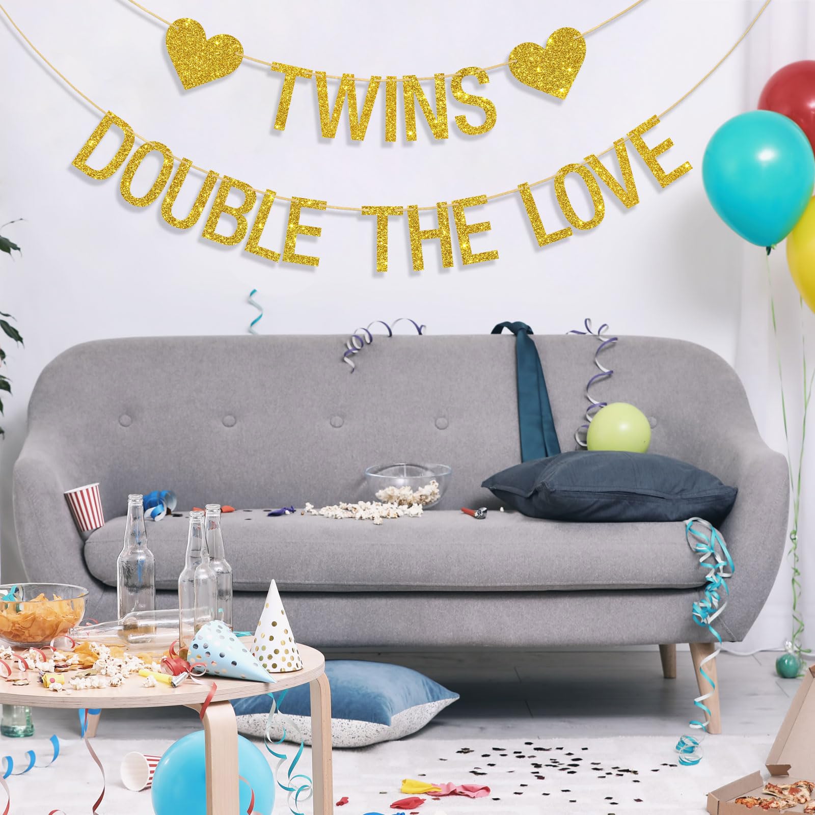 Ambishi Twins Double The Love Banner, Twins Baby Shower/Twins Birthday/Engagement/Wedding Party Decorations (Gold Gliter)