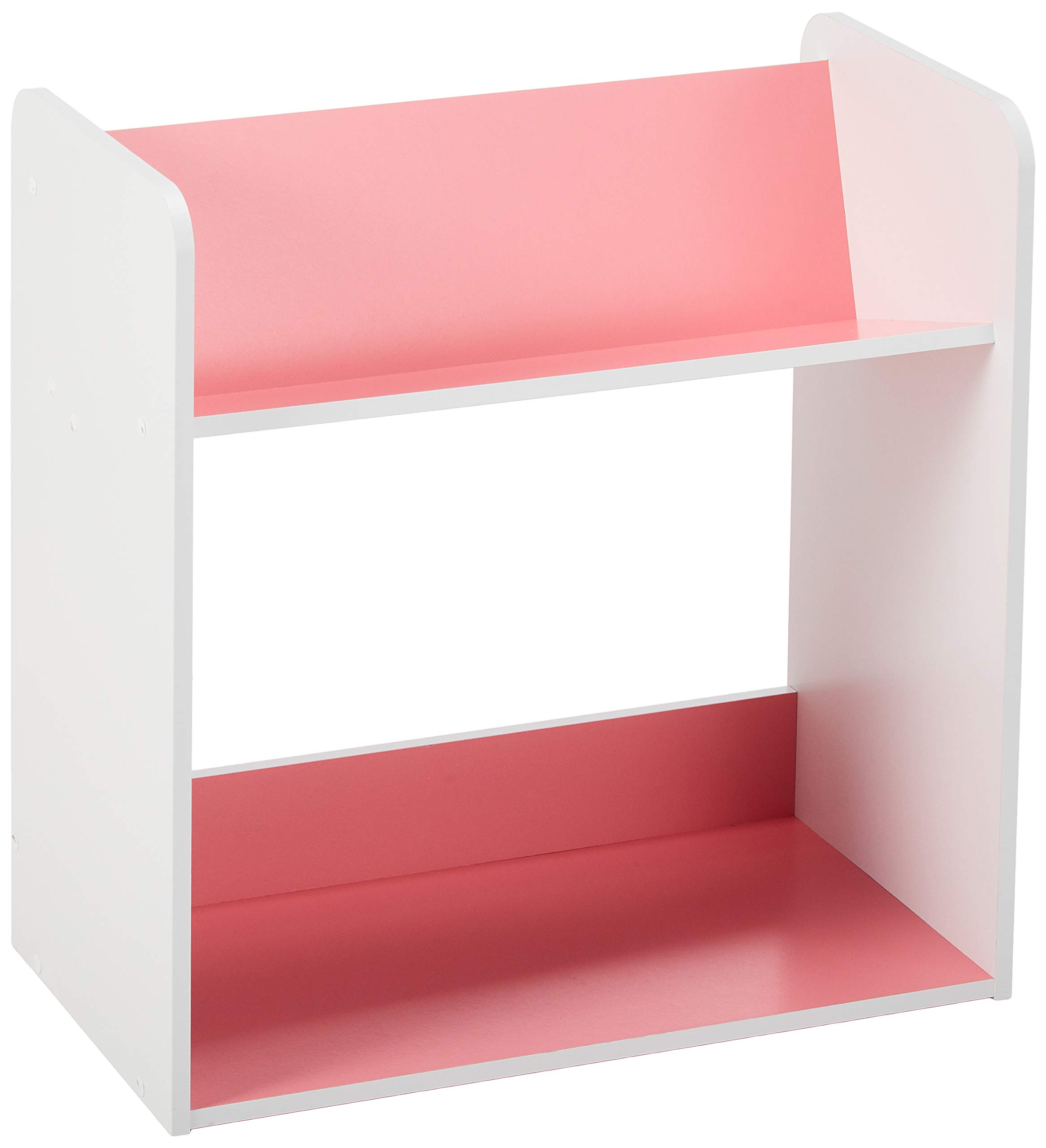 IRIS USA 2-Shelf Angled Bookshelf for Children, Short Inward Slant Bookcase Furniture for Kids Room Playroom Nursery to Safely Store and Organize Books Games Toys and Small Items, White and Pink