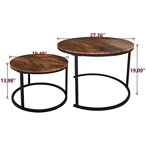 HOJINLINERO Industrial Round Coffee Table Set of 2 End Table for Living Room,Stacking Side Tables, Sturdy and Easy Assembly,Wood Look Accent Furniture with Metal Frame,Black+Rustic Brown