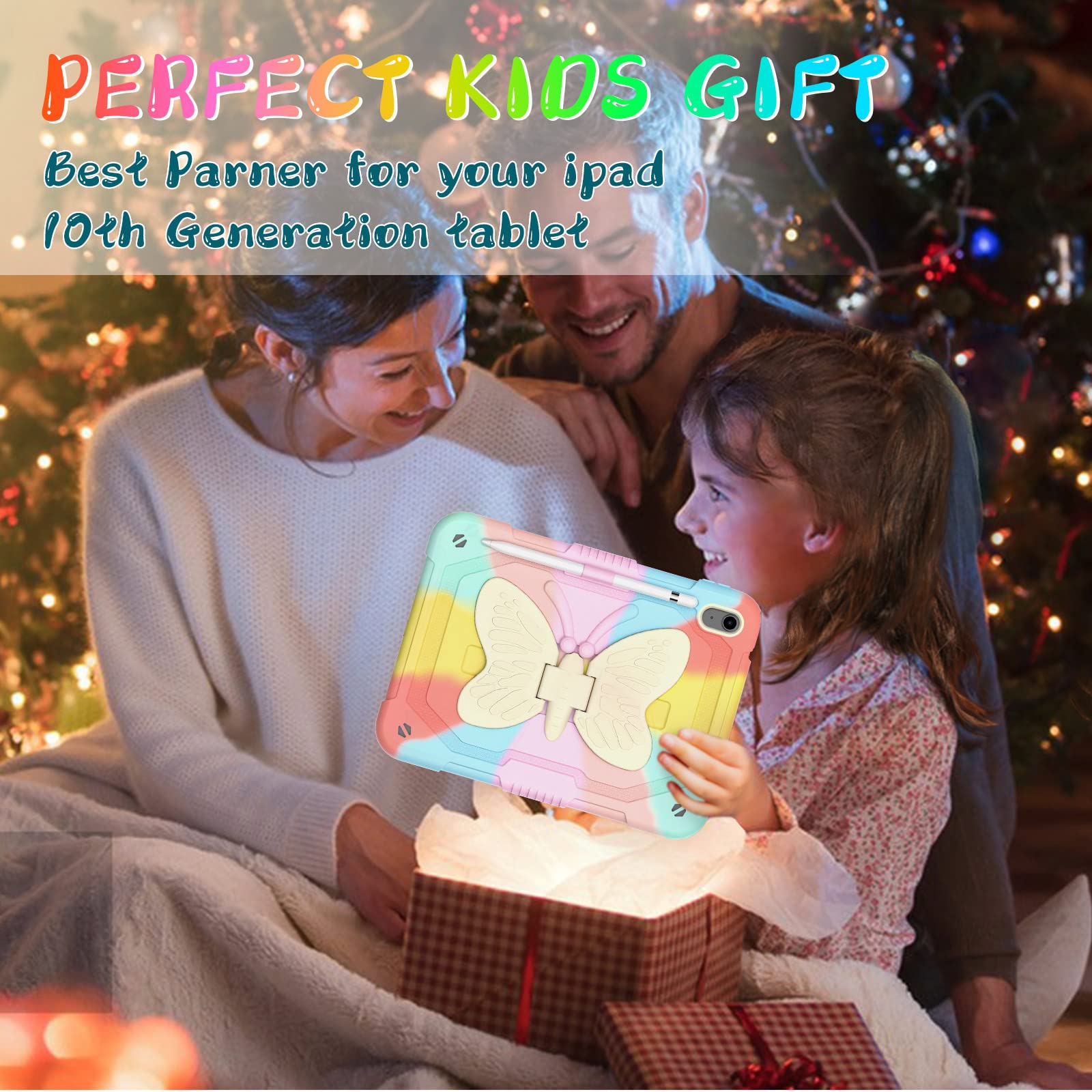 Ambison Case for iPad 10th Generation 2022 10.9 inch for Kids Girls with 9H Tempered Glass Screen Protector, Rugged Heavy Duty Shockproof Protective Case with Butterfly Stand,Carrying Strap-Multicolor