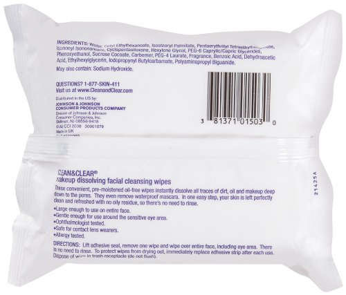 Clean & Clear Oil-Free Makeup Dissolving Facial Cleansing Wipes to Remove Dirt, Oil, Makeup & Waterproof Mascara, 25 ct.