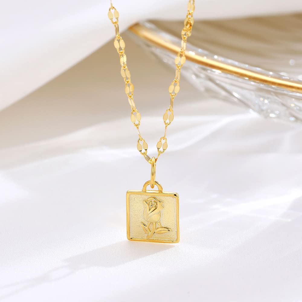 925 Sterling Silver Dainty Dog Tag Pendant Necklace Rose Flower Embossed Flora Jewelry for Women (Gold)