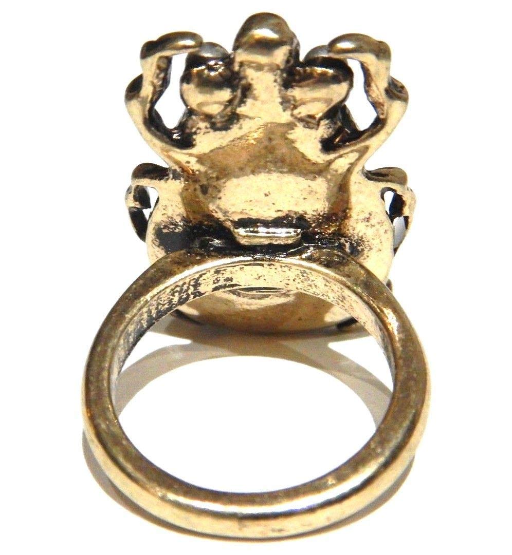 Abalone Shell Scarab Beetle Finger Ring with Crystals & Skull Head sz US 7