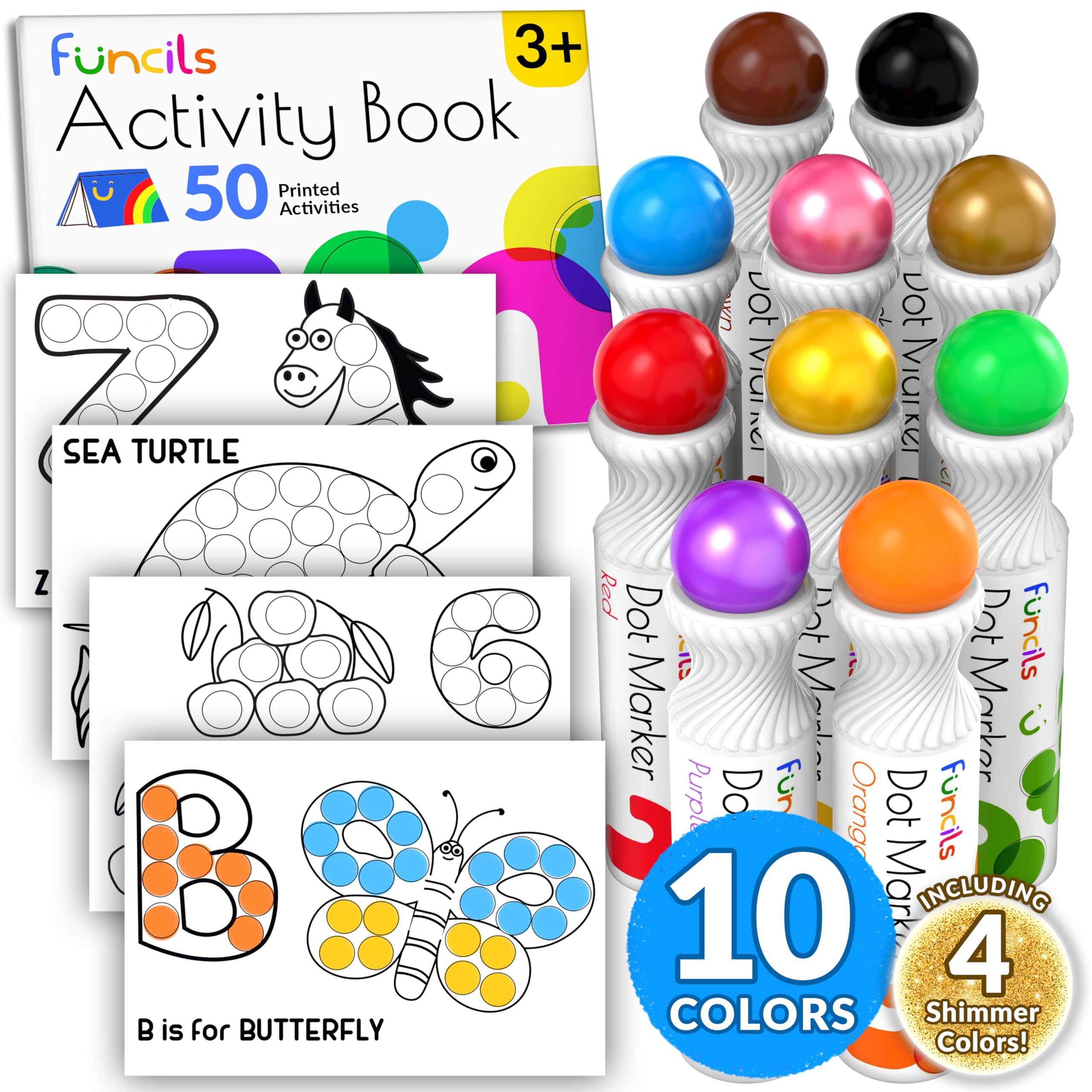 Funcils 10 Washable Dot Markers for Toddlers - Non Toxic Paint Dotters & Bingo Markers - Dot Markers for Kids & Preschoolers | Dabber Markers for Kids | Fun Dot Art Supplies with 50 Activity Sheets
