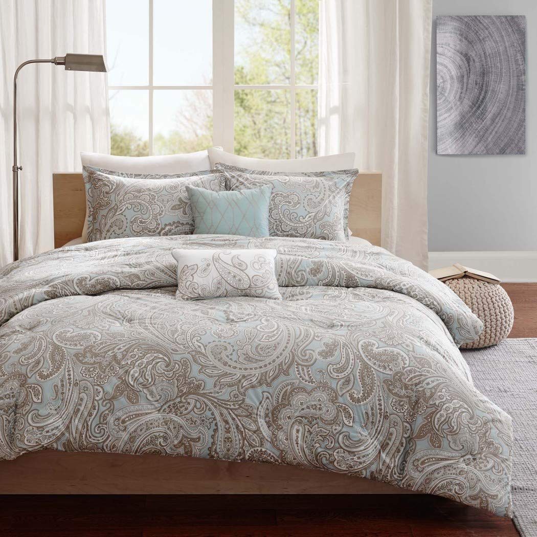 5 Piece Blue Khaki Paisley Floral Pattern Comforter King/Cal King Set, Beautiful All Over Large Scale Motif Bohemian Flowers Design Bedding, Features Button Closure, Mid-Century Classic Style, Cotton
