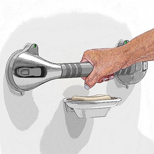 AquaChase 17“ Suction Shower Grab Bar with Indicators, Tool-Free Installation, Steady Handle for Balance Assist for Bathtub, Toilet, Bathroom, Dual Tone, Silver/Gray 2-Pack