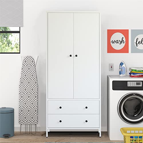 CJF Metal Storage Wardrobe with Hanging Rod, Armoire with 2 Doors and 2 Drawers,Steel Wardrobe Closet for Home, Office 74" H x 31.5" W x 20" D (White)