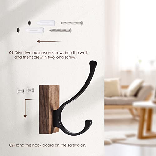ACMETOP Coat Hooks Wall Mounted, Walnut Wood Wall Hooks for Hanging, 4 Pack Heavy Duty Double Towel Hat Hooks Rack, Rustic Decorative Hooks for Hanging Coats, Towels, Keys, Bags, Robes