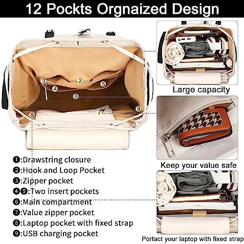 Bluboon Laptop Backpack Women Men 15.6 Inch College Backpack with Charge Port School Bookbag Waterproof Casual Daypack Backpack for Travel Work(Black-Beige)