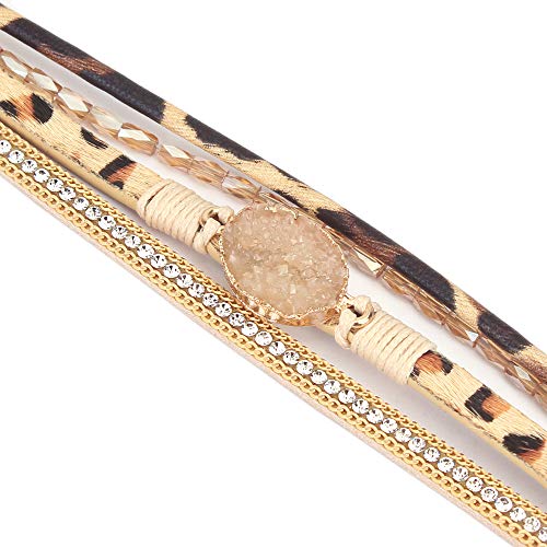 FANCY SHINY Leather Wrap Bracelet Boho Cuff Bracelets Crystal Bead Bracelet with Clasp Jewelry Gift for Women Teen Girls(7.7", Tan Leopard)