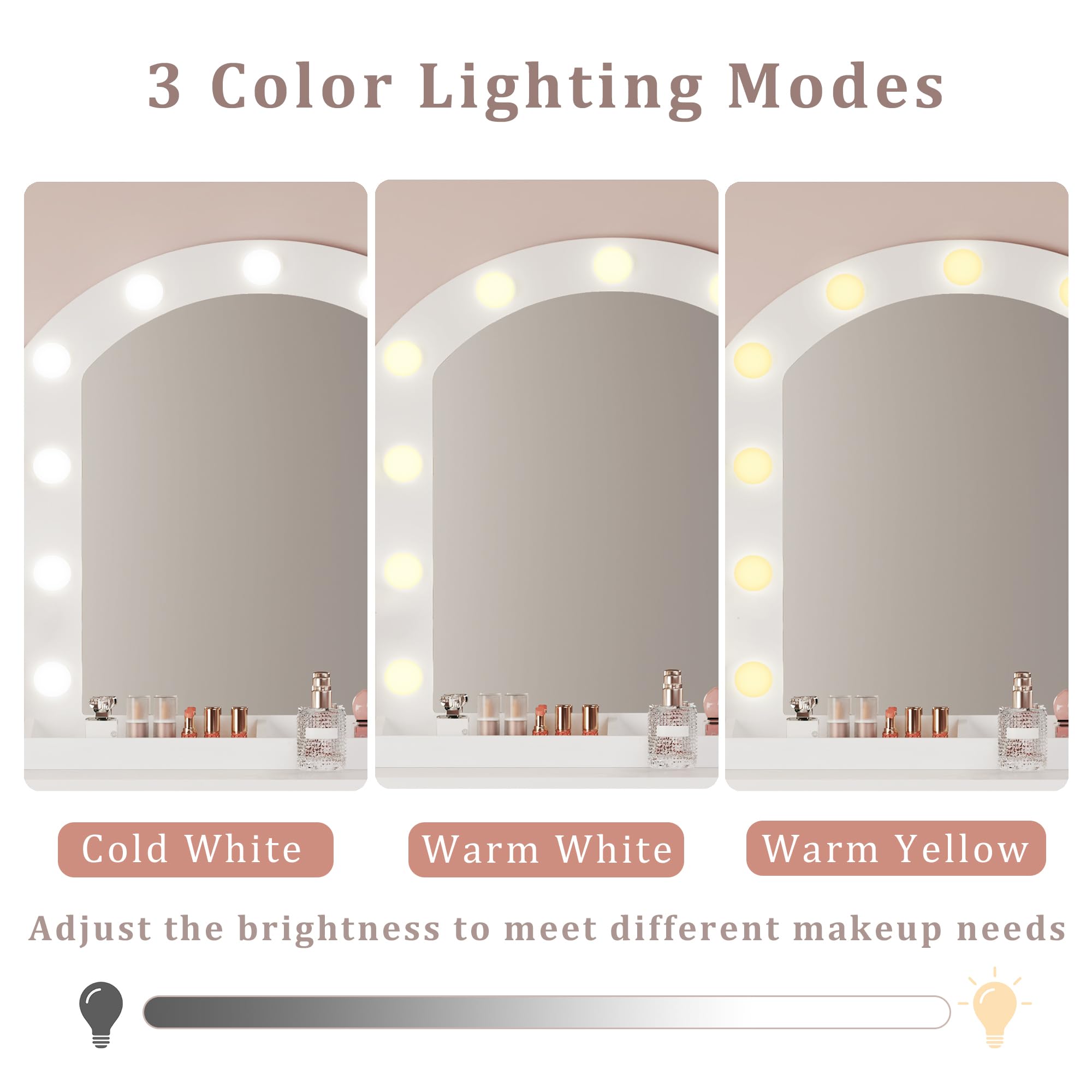 ALEXNUTRE Makeup Vanity Desk with Mirror and Lights, Vanity with Power Outlet, 3 Lighting Color Adjustable for Bedroom, Large Drawers and Storage Shelves, White