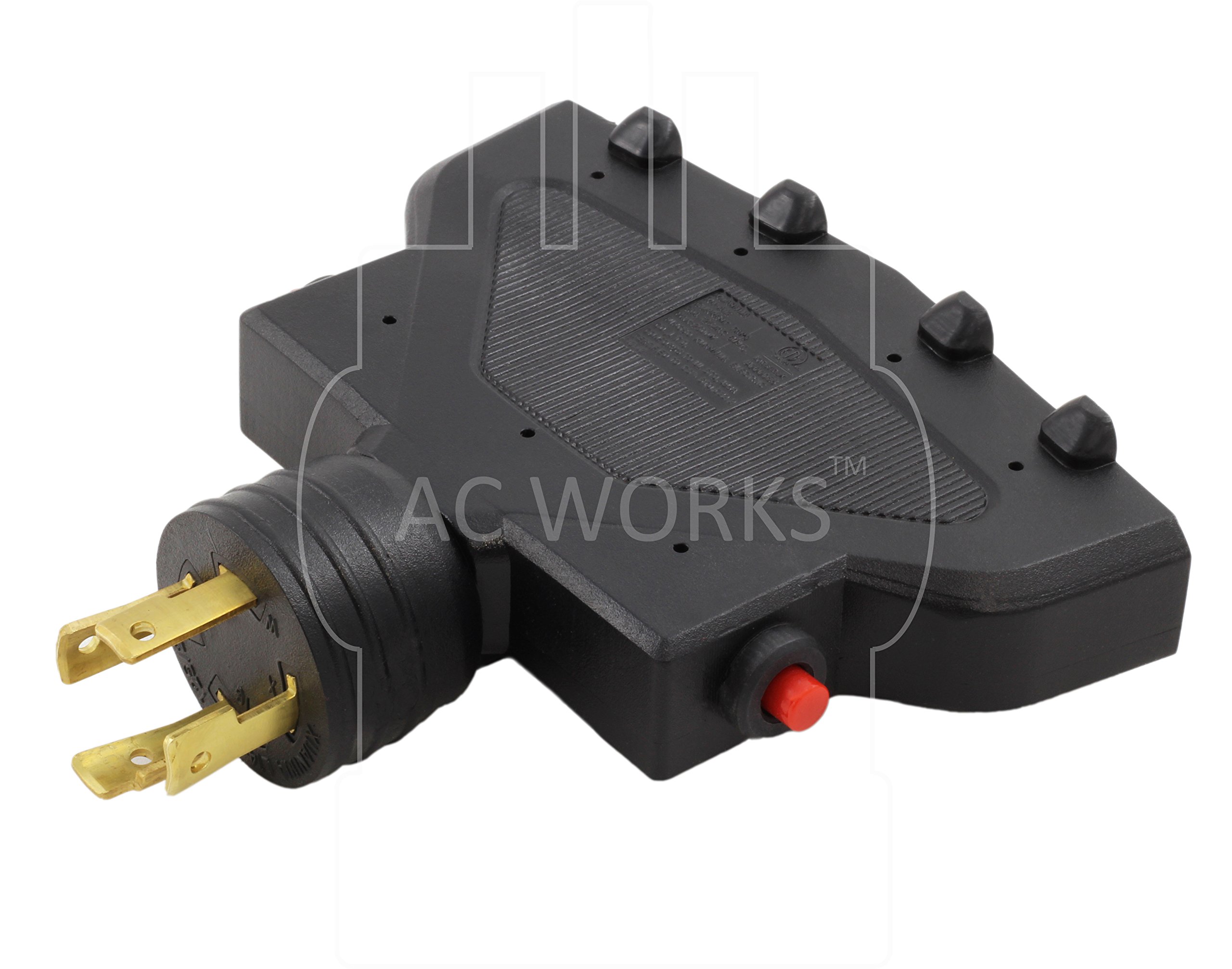 AC WORKS L14-30 30Amp 4-Prong Locking Generator Distribution Cord (L14-30 to Four 15/20A Household with Breaker)