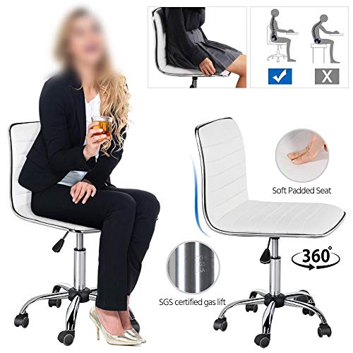 Yaheetech Adjustable Task Chair PU Leather Low Back Ribbed Armless Swivel Desk Chair Office Chair Wheels White, Set of 2