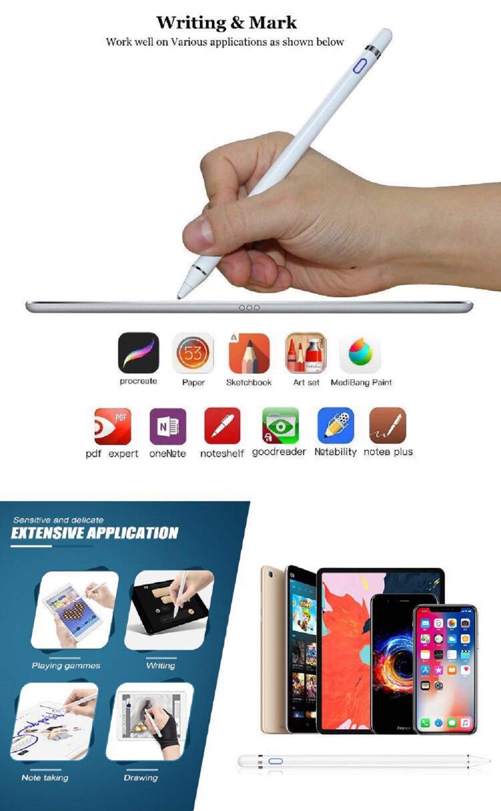 Stylus Pencil Compatible for Apple,Active Stylus Pens for Touch Screens,Smart Rechargeable Capacitive 1.5mm Fine Point iPad Pen and Most Tablets on Touchscreen Devices Stylus with Pen (White)