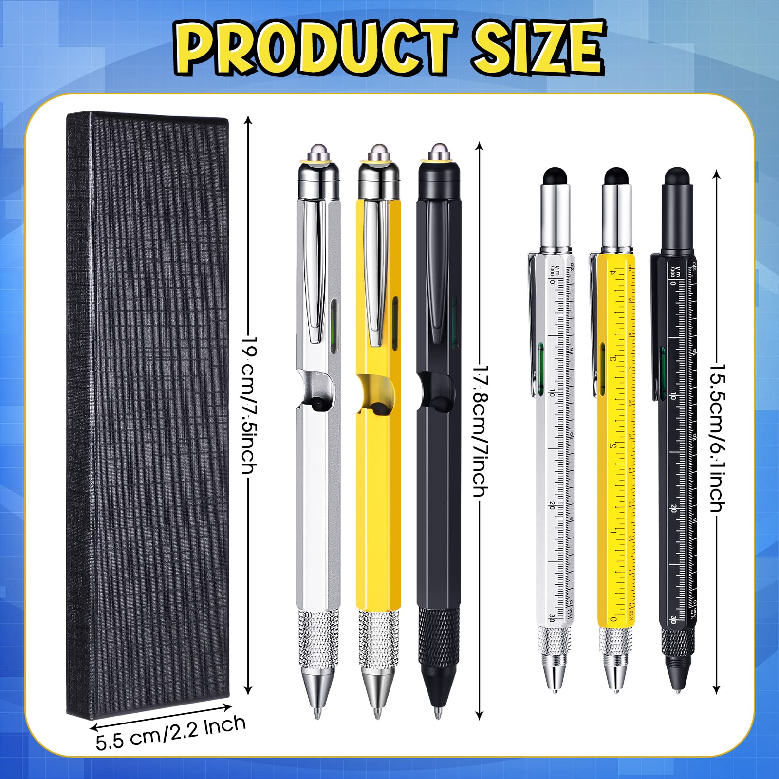 6 Pieces 9 in 1 Multitool Pen Set, Gifts for Men Him Dad Cool Gadgets for Father's Day Christmas Gifts Stocking Stuffers for Men Tool Pen with LED Light Stylus Level Screwdriver Ruler