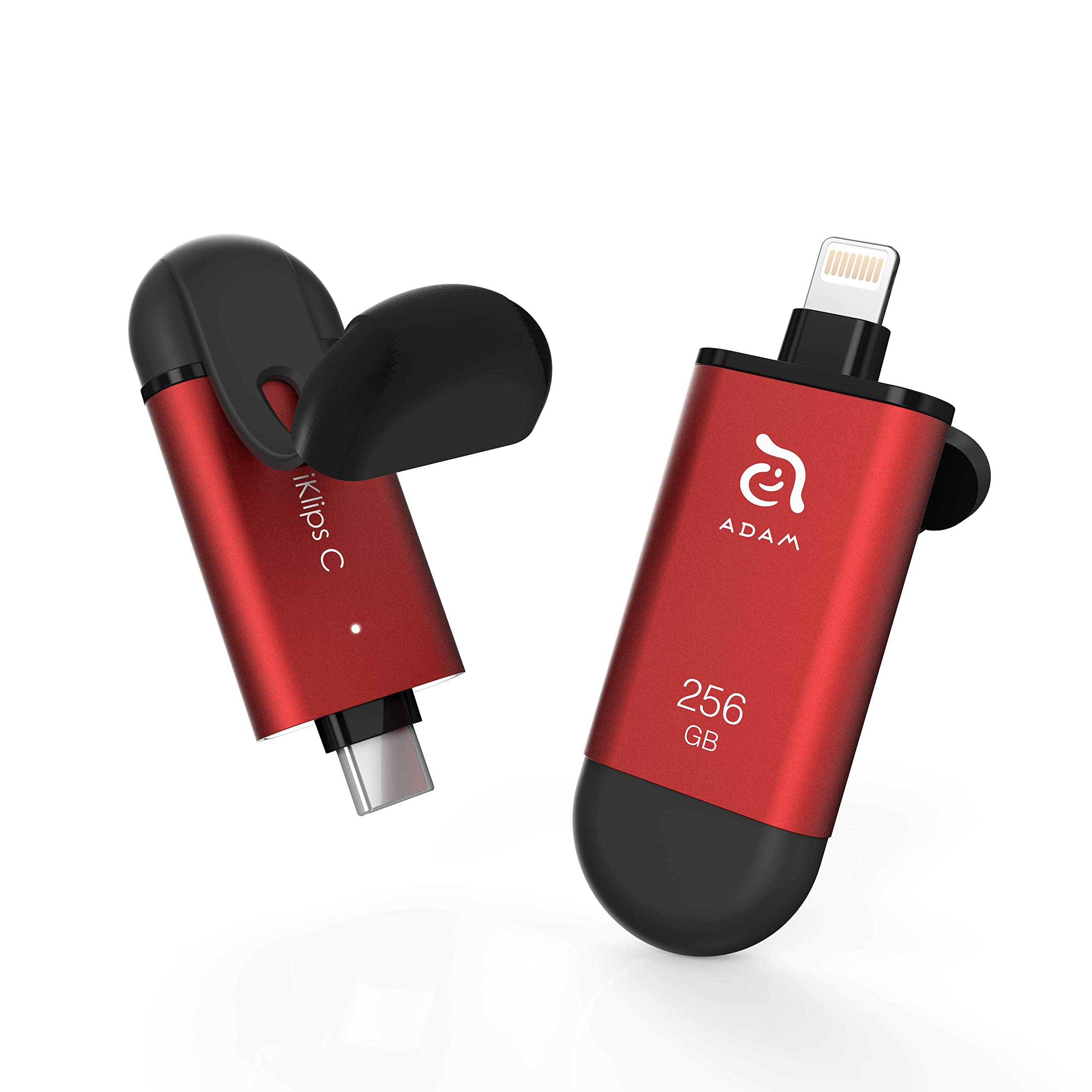 ADAM elements iKlips C Lightning + USB C Flash Drive for iPhone, iPad Pro, Mac, PC, Android - Touch ID/Face ID Secured (Red, 256GB)