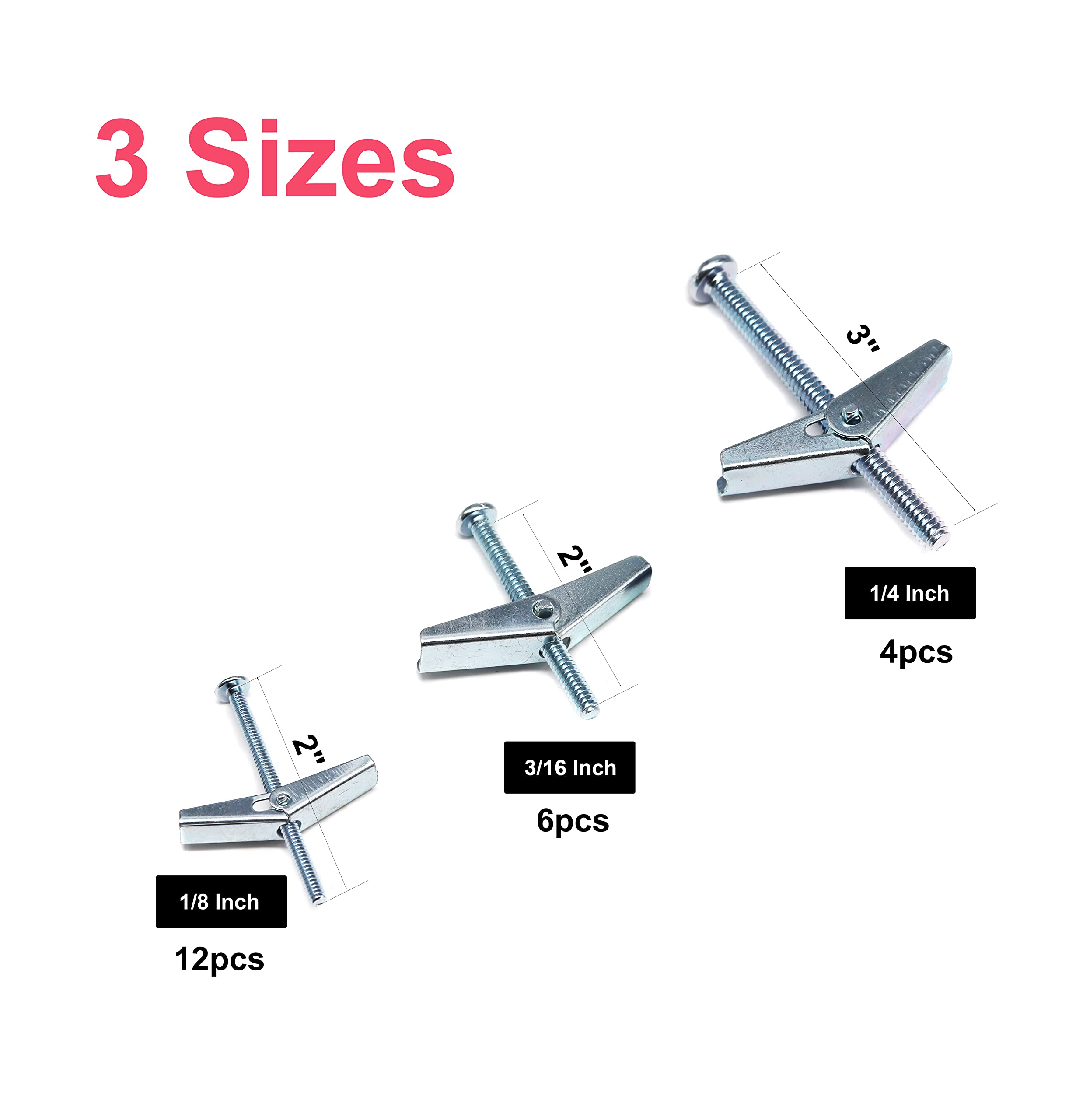 cSeao 22 Pieces Heavy Duty Drywall Ceiling TV Anchors Toggle Bolt Assortment Kit, 1/8" 1/4" 3/16" Spring Loaded Hollow Wall Inserted Bolt Wing Nuts