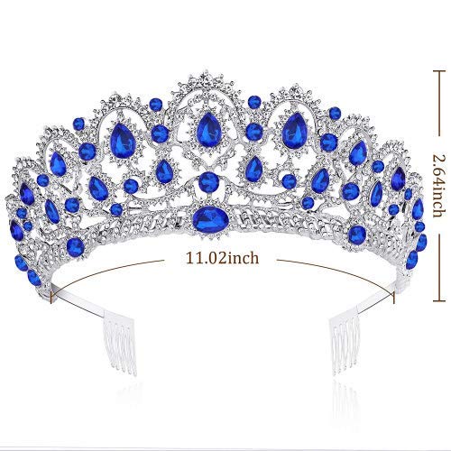 BABEYOND Crystal Queen Crown Birthday Tiara Prom Pageant Quinceanera Crown Tiara Rhinestone Wedding Princess Tiara Headband with Comb Pin (Blue)
