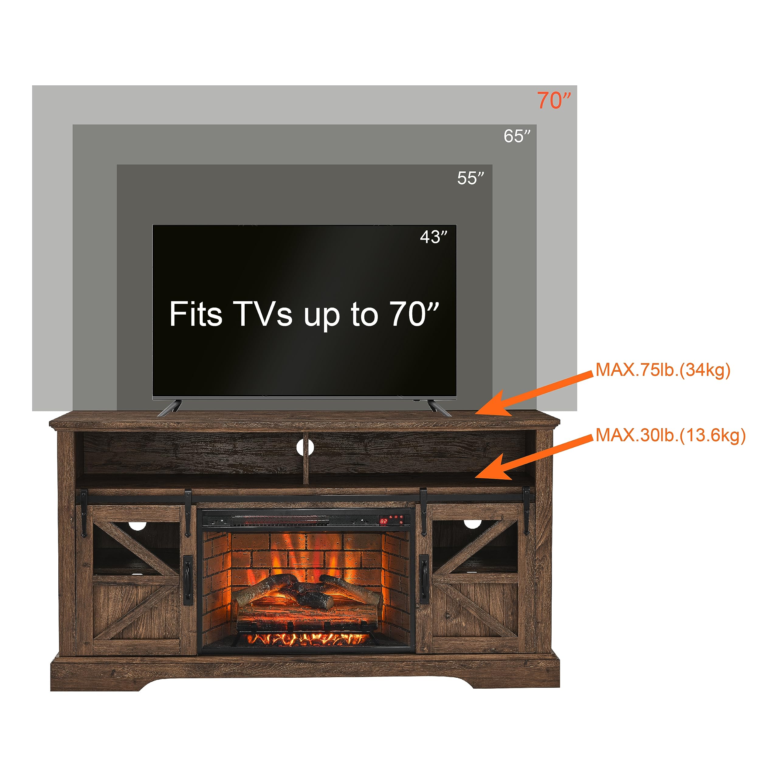 60" Electric Fireplace Entertainment Center with Door Sensor-Reclaimed Barnwood Color