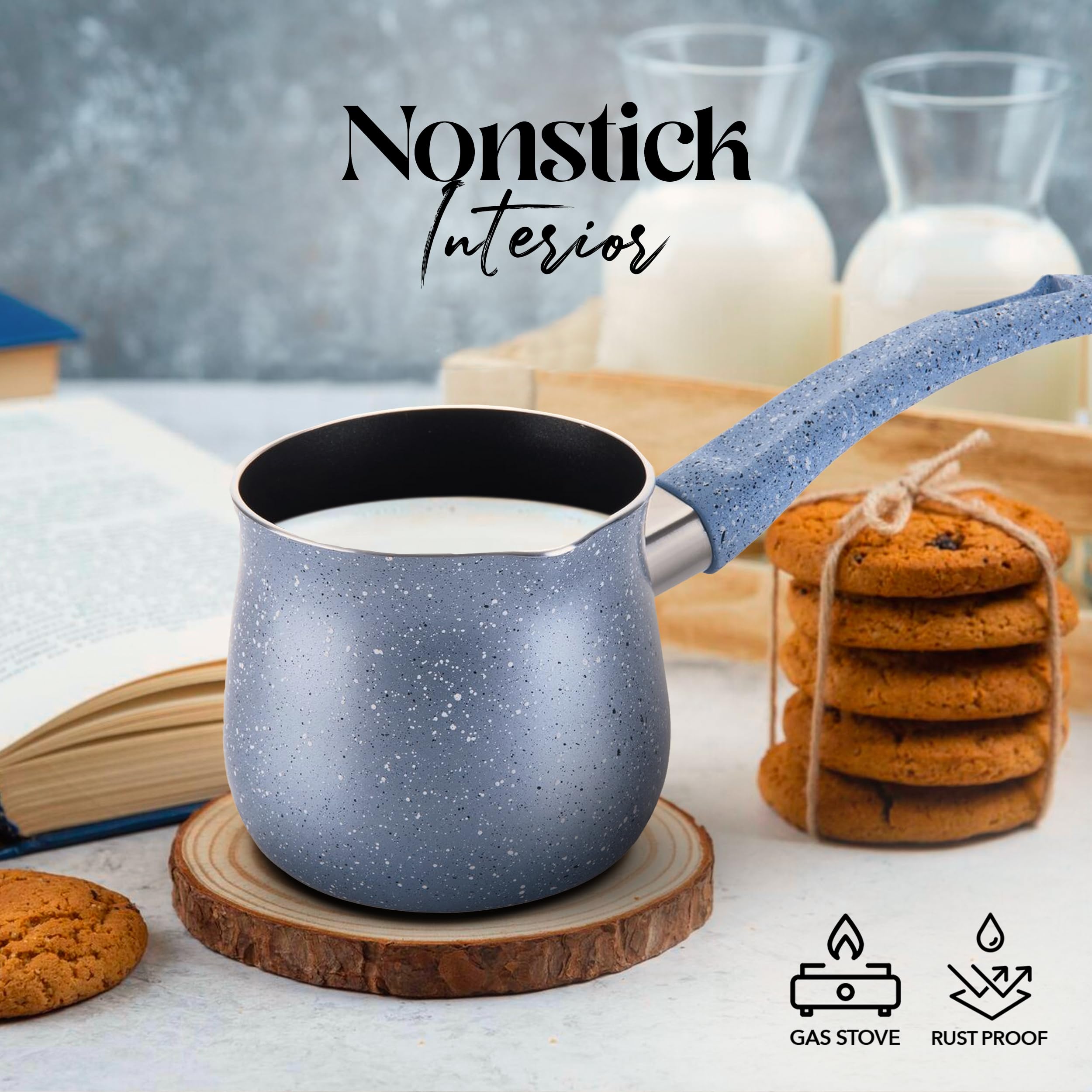 Alpine Cuisine Coffee Warmer 28oz Nonstick Coating, Marble Blue with Bakelite Handle, Turkish Coffee Maker Butter Warmer Aluminum Greek Coffee Heating Melting Milk Pot for Home & Café