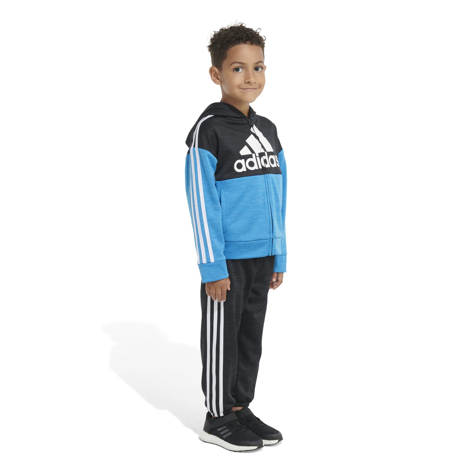 adidas Boys' Long Sleeve Color Block Mélange Fleece Jacket Set, Black Heather with Blue, 7