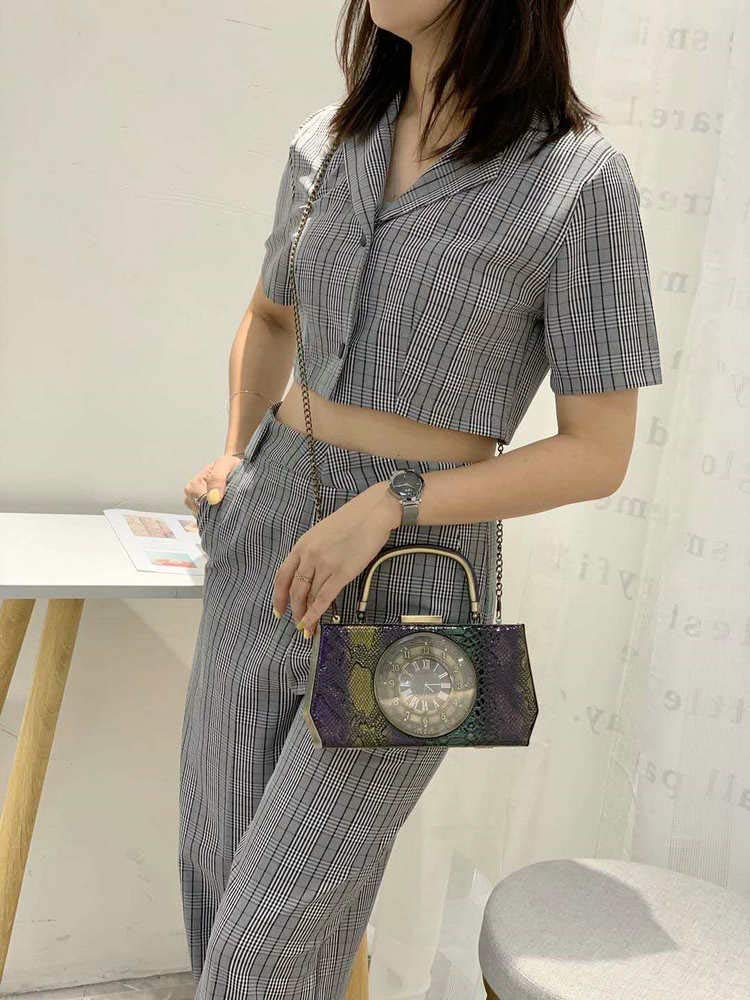 Creative Alarm Clock Package Handbag Women Real Clock Purse Crocodile Pattern Retro Watch Fashion Women's Shoulder Bag Handbags Dropship Steampunk Bags (Color)
