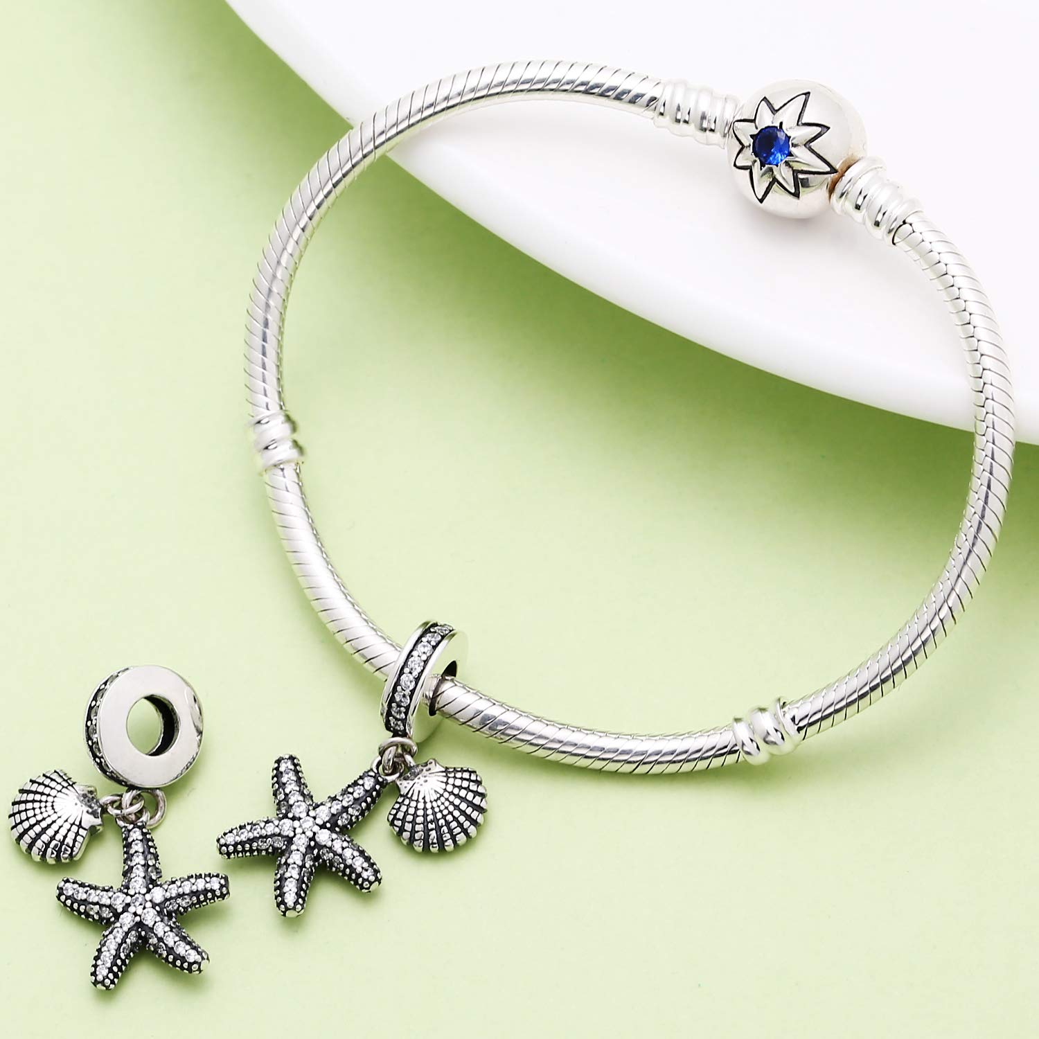ABUN Sea Starfish Charms 925 Sterling Silver Dangle Spacer Charms with CZ Stone for Bracelets (Rose Gold Clear)